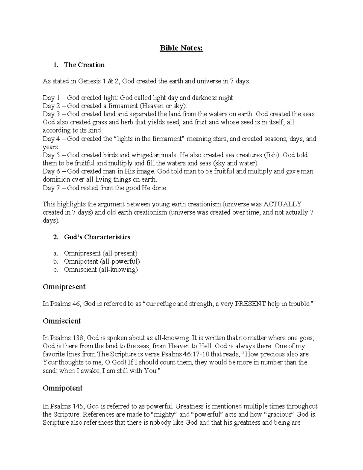 Bible Notes - Bible Notes: 1. The Creation As stated in Genesis 1 & 2 ...
