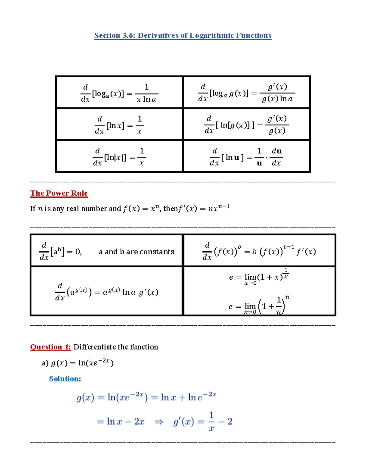 Section 3.6: Derivatives of Logarithmic Functions - Calculus Notes ...