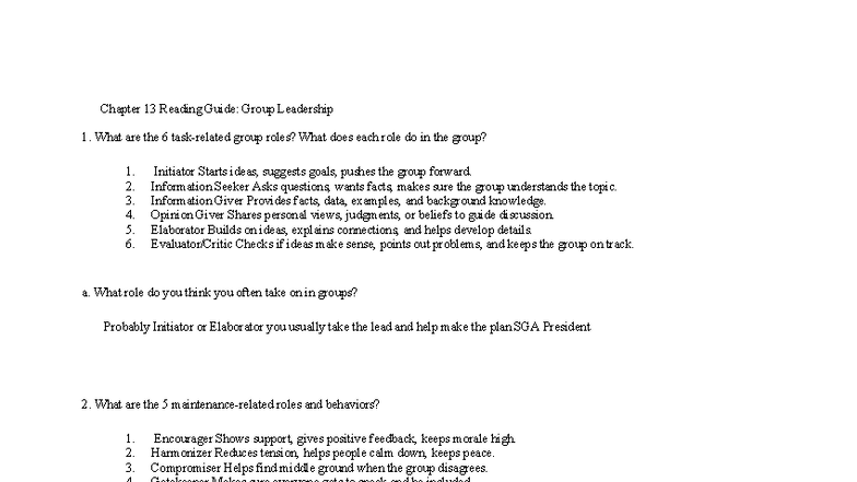 Chapter 13 Reading Guide: Group Leadership Roles & Decision Making ...