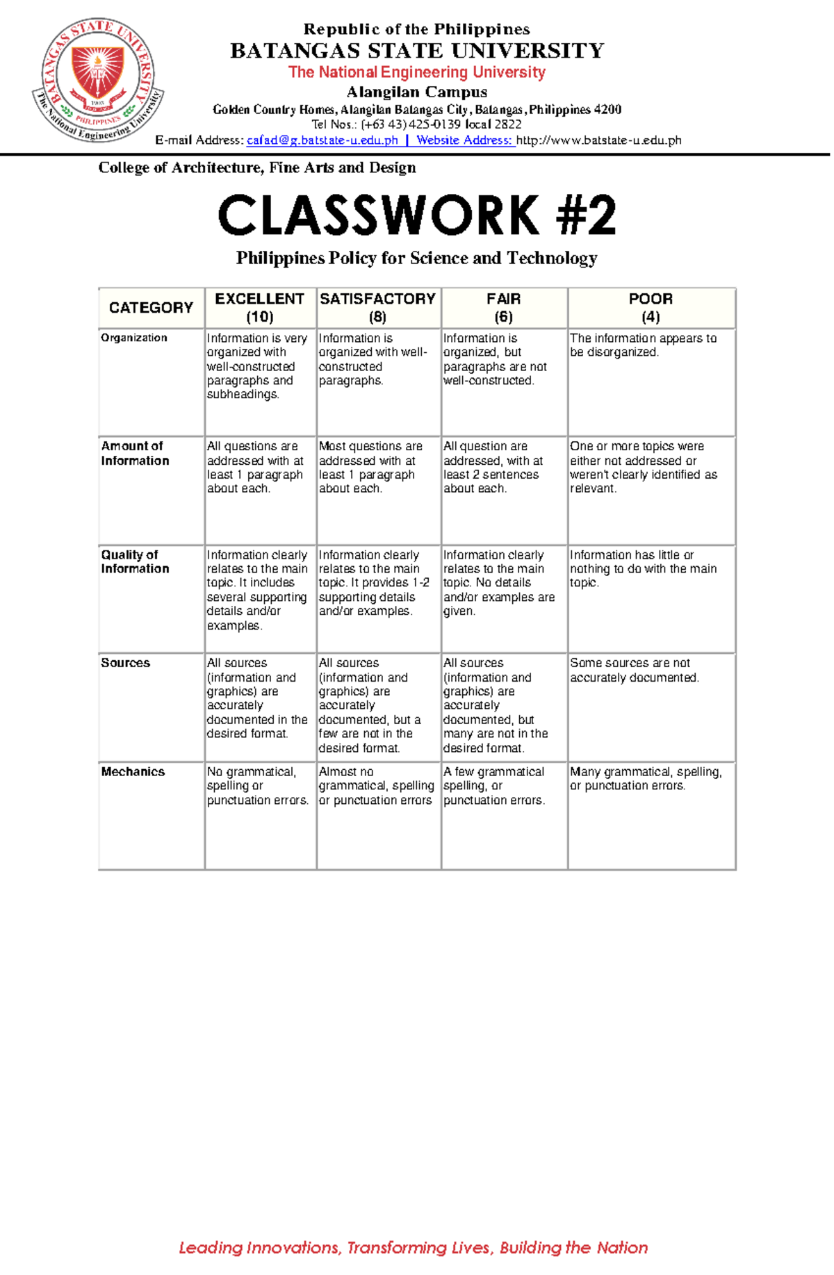 Classwork-2: Policy Analysis on Science & Technology in the Philippines - Studocu
