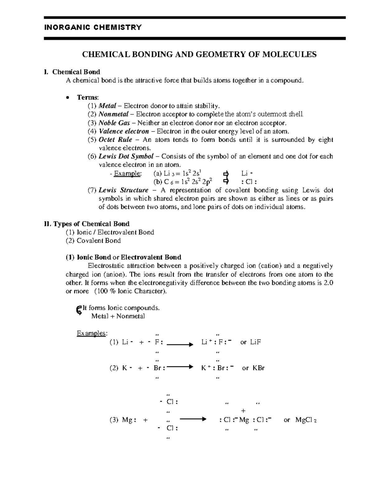 INORGANIC CHEMISTRY: Chemical Bonding & Molecular Geometry Notes - Studocu