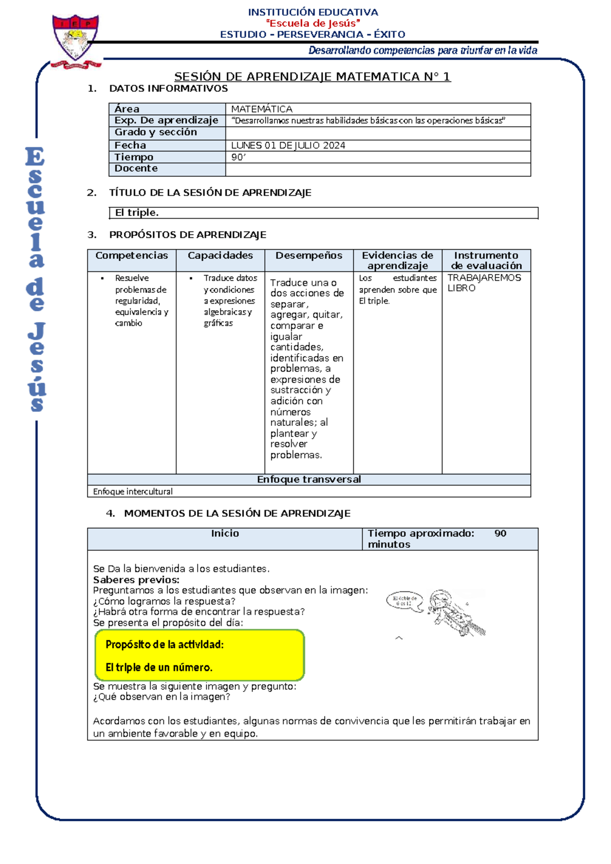 Sesión de Aprendizaje Matemática 1 - Problemas de Triple y Doble - Studocu