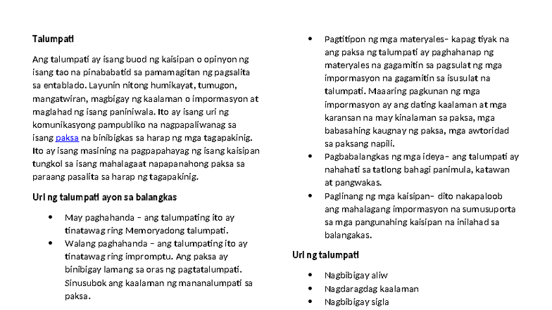 Talumpati: Mga Uri, Bahagi, at Pamamaraan ng Pagsasalita - Studocu