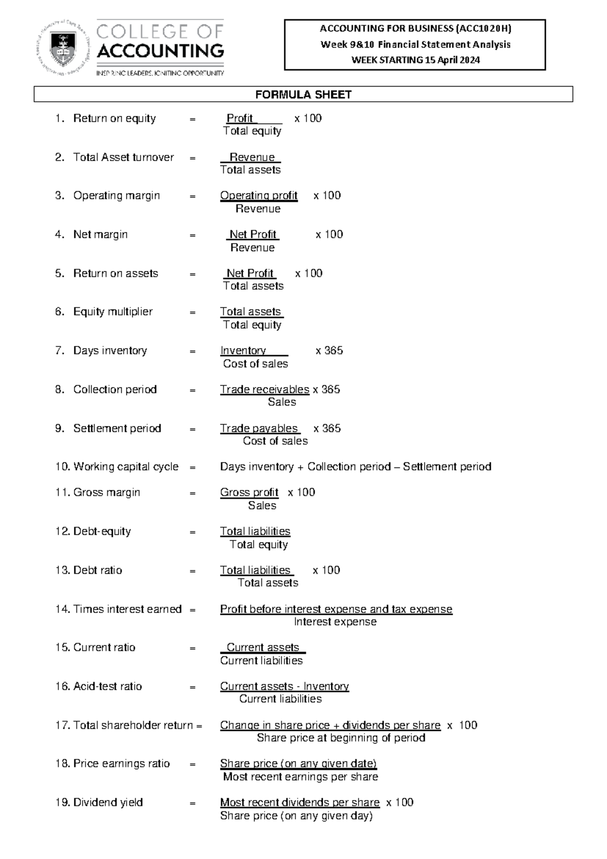 ACC1020H Week Financial Statement Analysis Formula Sheet - Studocu