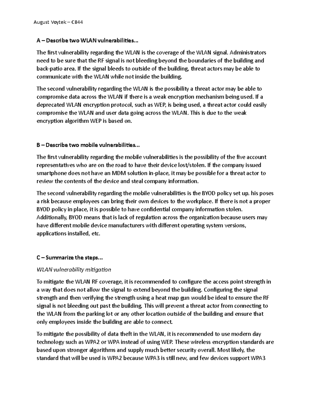 C844 GRP1 TASK 2 WLAN AND Mobile Security PLAN - August Voytek – C A ...