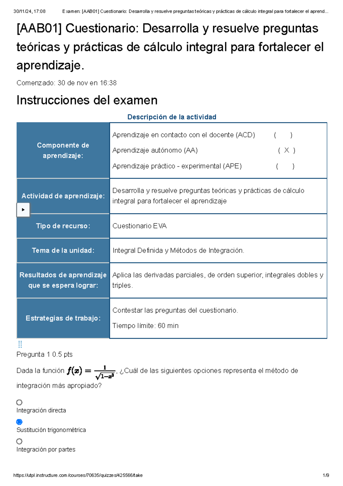 Cuestionario de Cálculo Integral [AAB01] - Segundo Intento 10/10 - Studocu