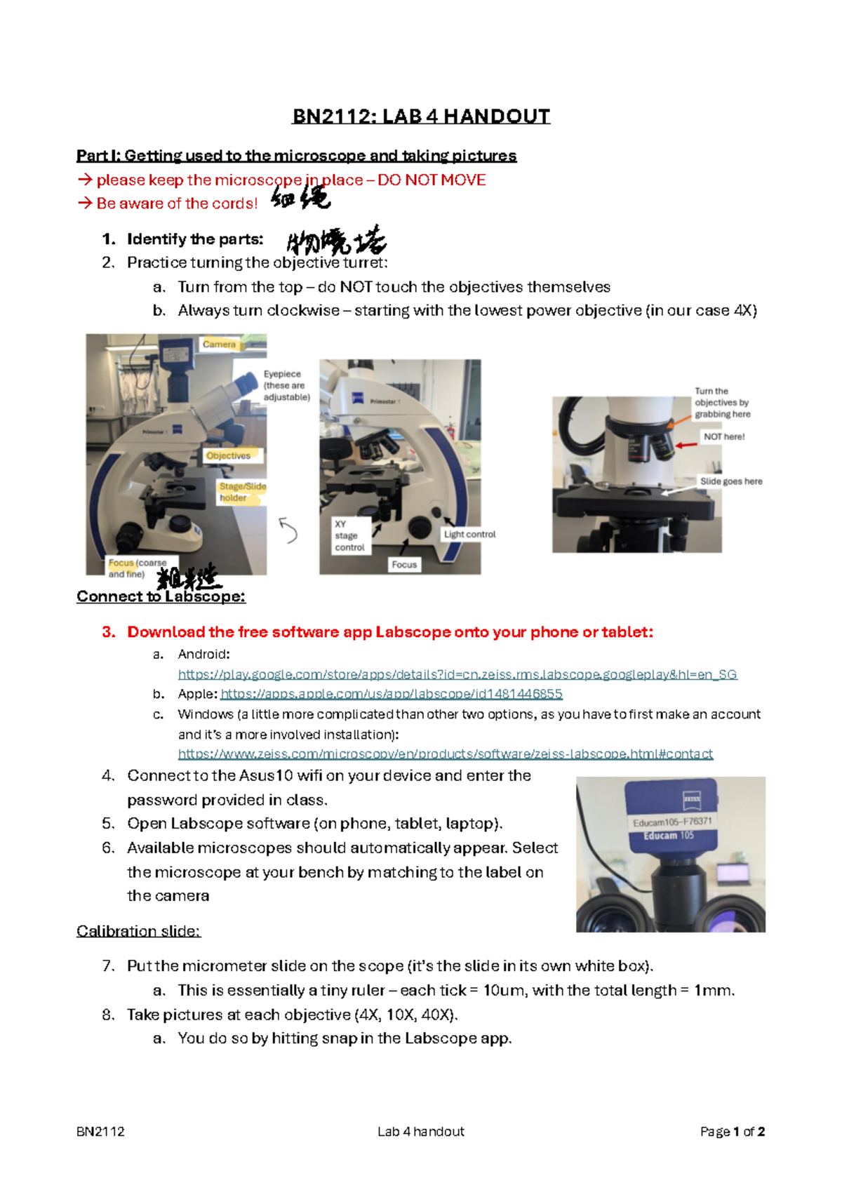 BN2112: Lab 4 Handout - Microscope Usage & Photography Guide - Studocu