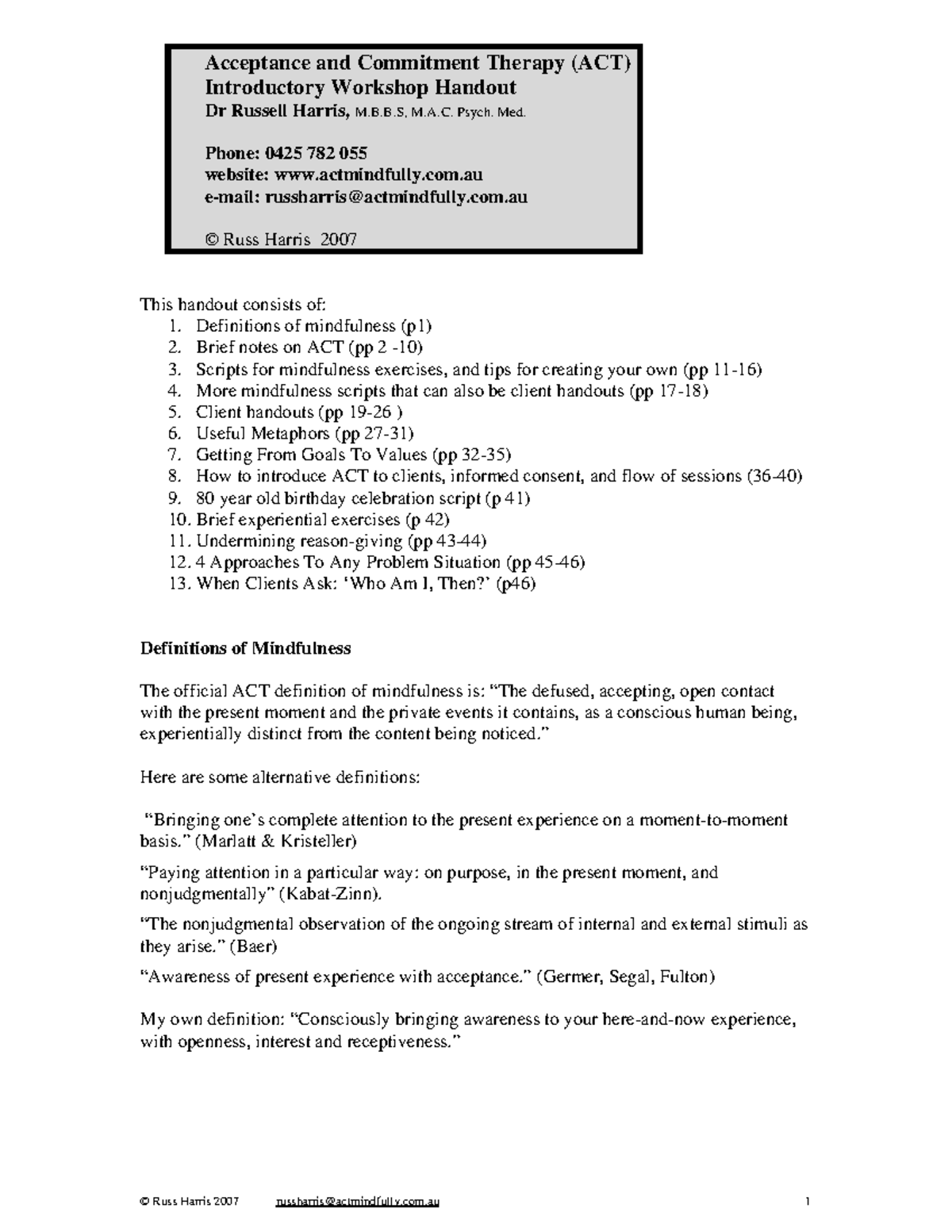 ACT Workshop Handout: Mindfulness & Acceptance Strategies - Studocu