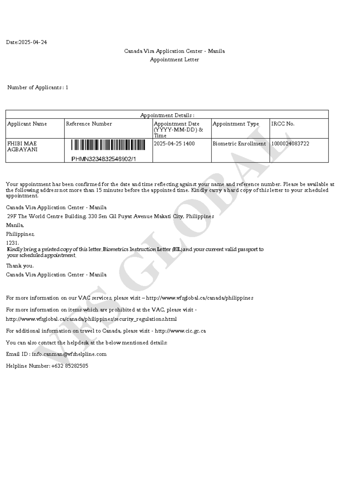 Canada Visa Application Center Manila Appointment Confirmation Letter ...