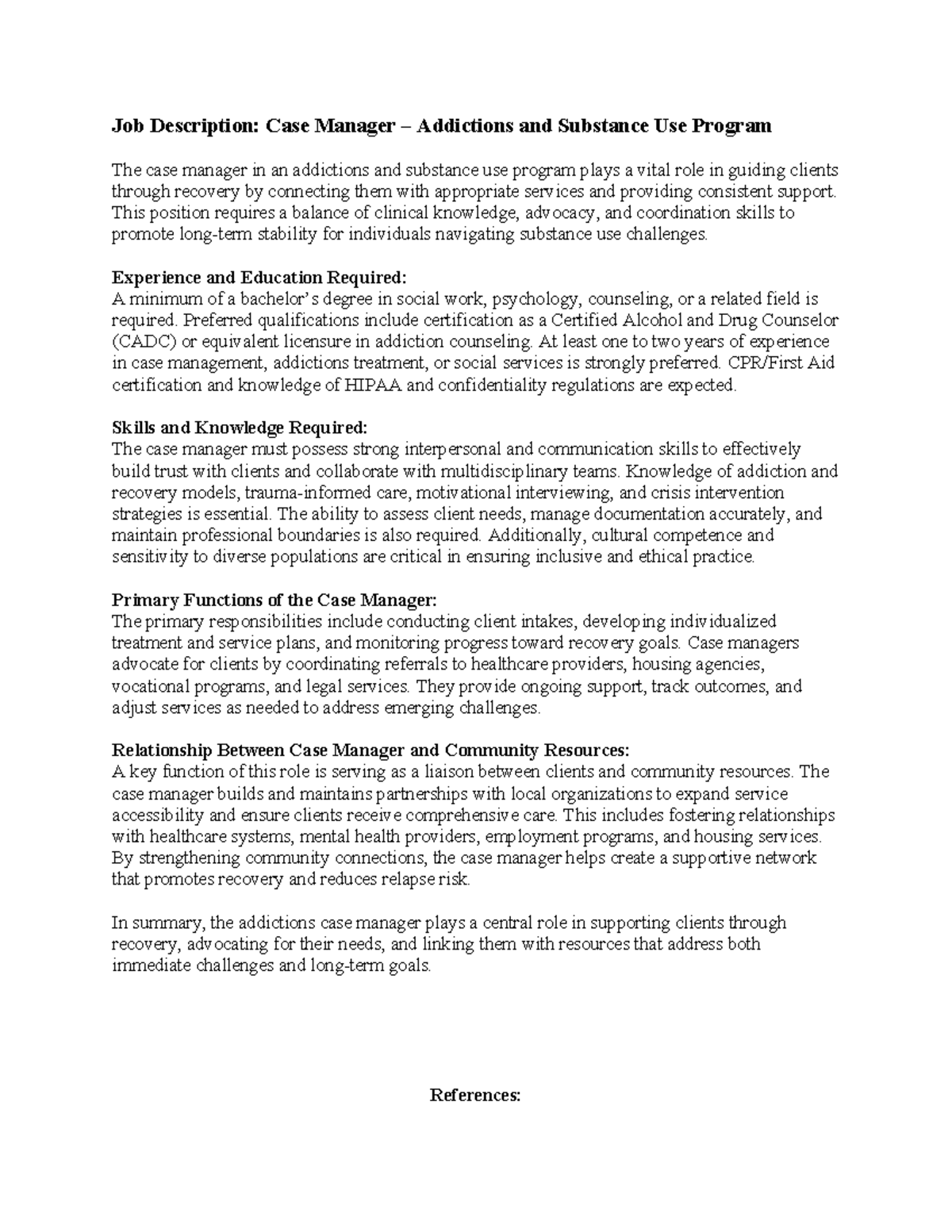 Job Description: Case Manager for Addictions & Substance Use Program ...