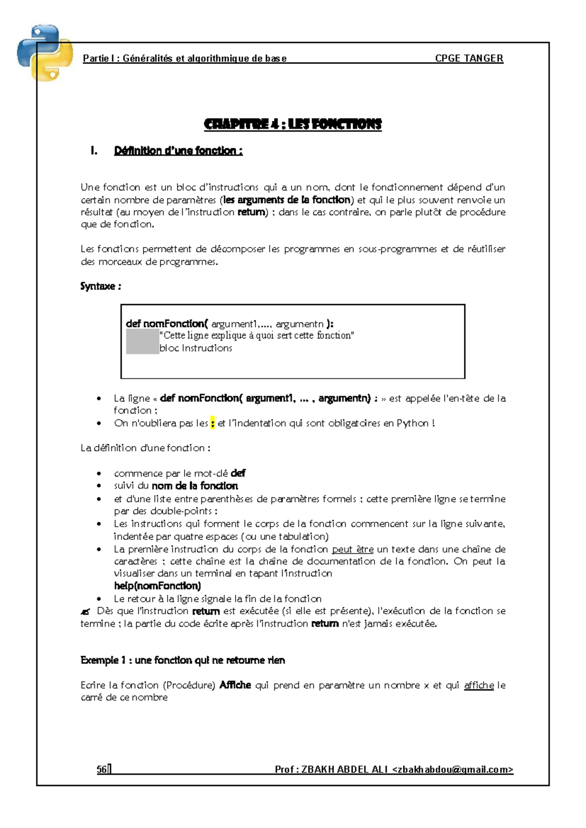 Chapitre 4 : Fonctions en Python - CPGE TANGER - Studocu