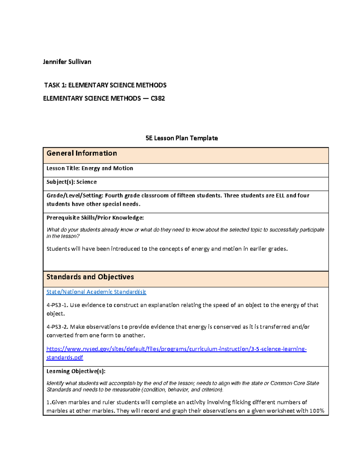 TASK 1 C382 Final Exam: 5E Lesson Plan on Energy and Motion - Studocu