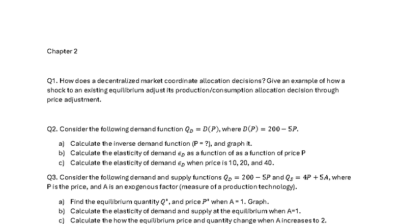 Midterm Sample Questions for Economics 101: Market Coordination and ...
