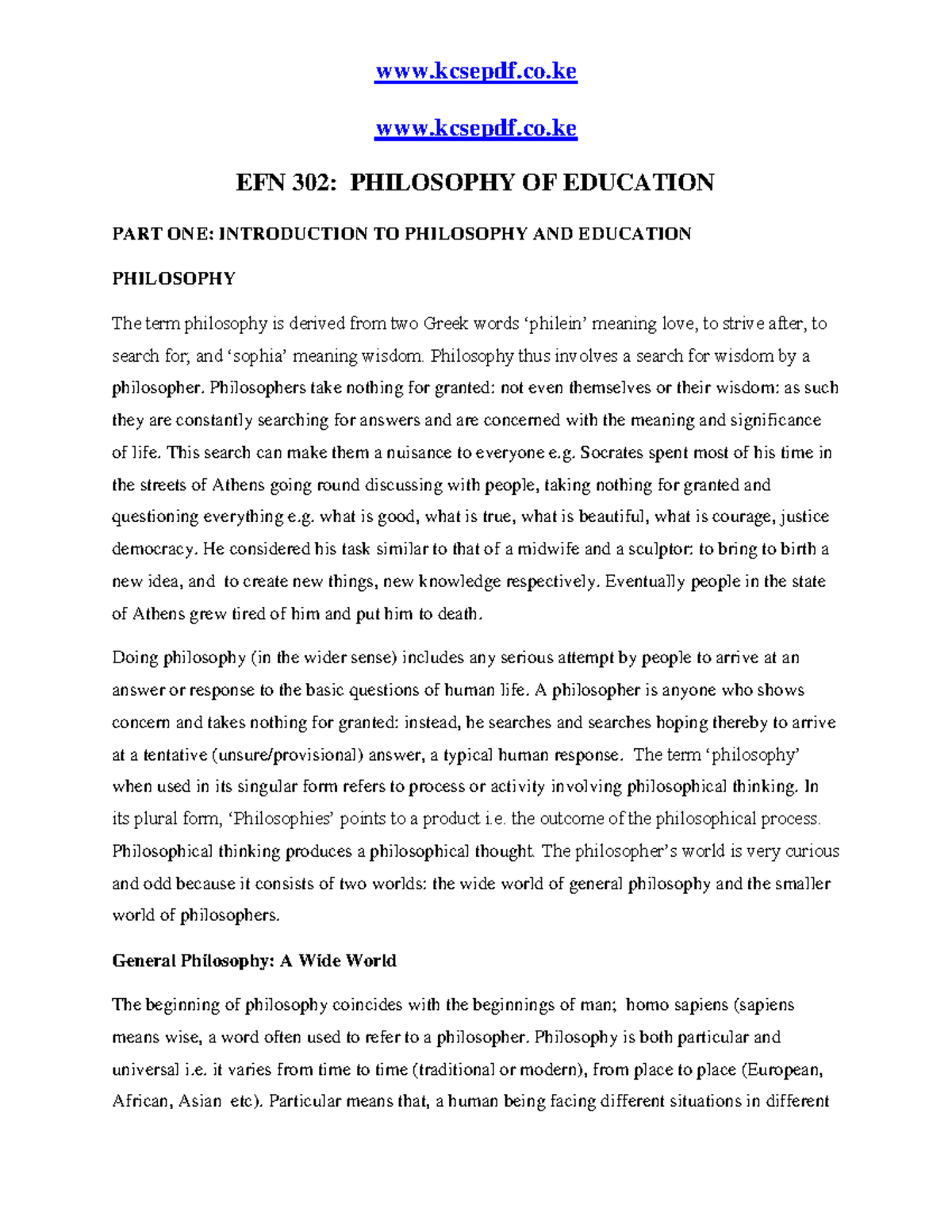 EFN 302: Philosophy of Education - Introduction to Philosophy ...