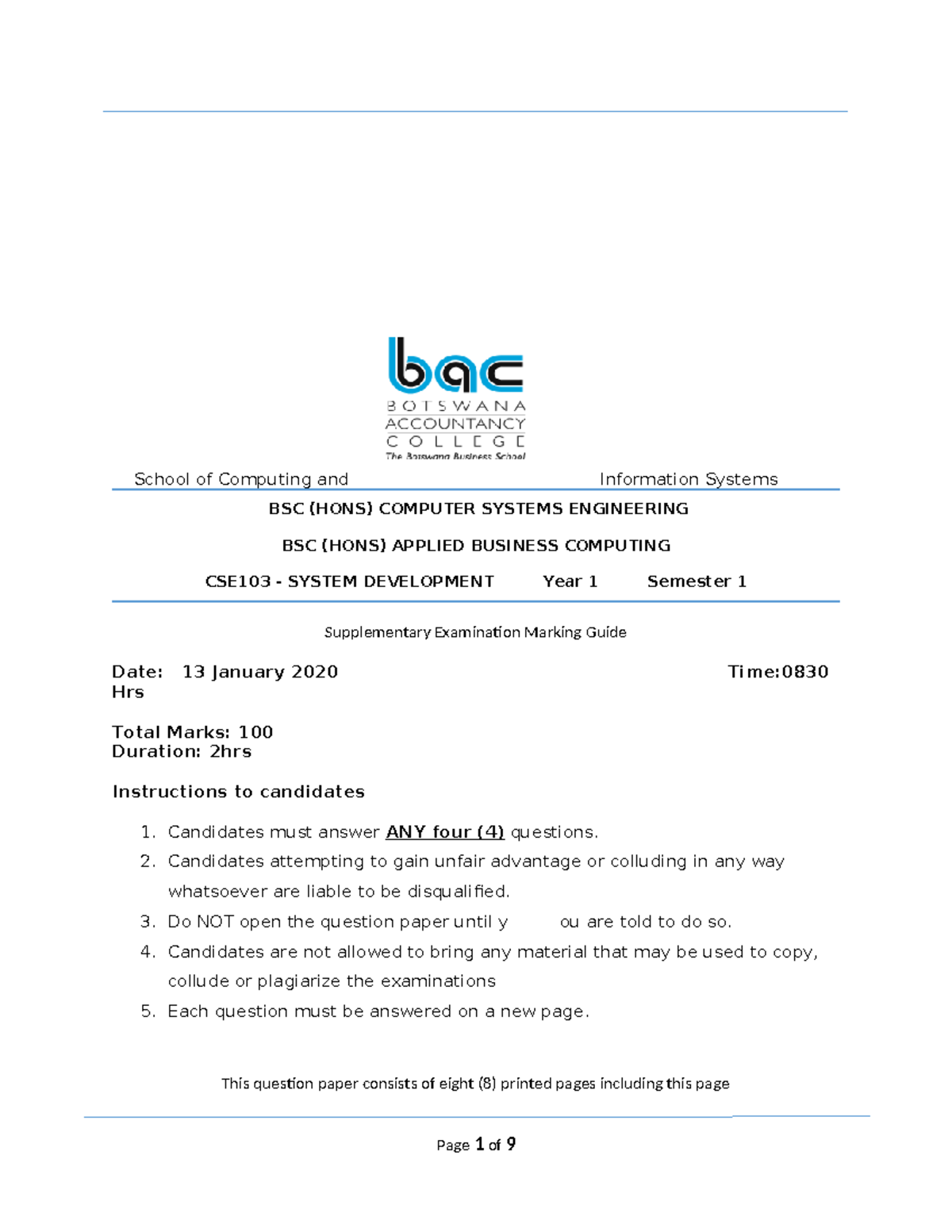 CSE103 System Development Year 1 Supplementary Exam Marking Guide 2020 ...