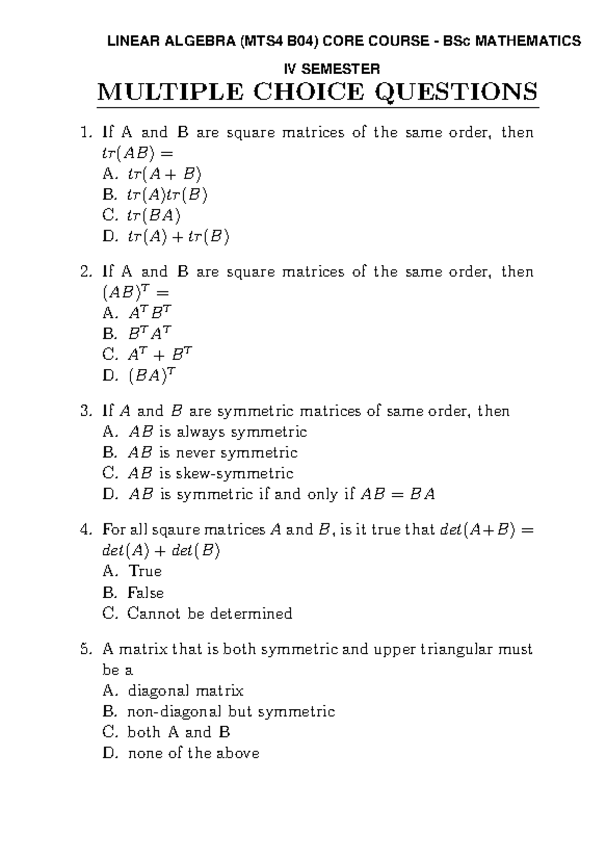 Linear algebra examples and solutions - MULTIPLE CHOICE QUESTIONS If A ...
