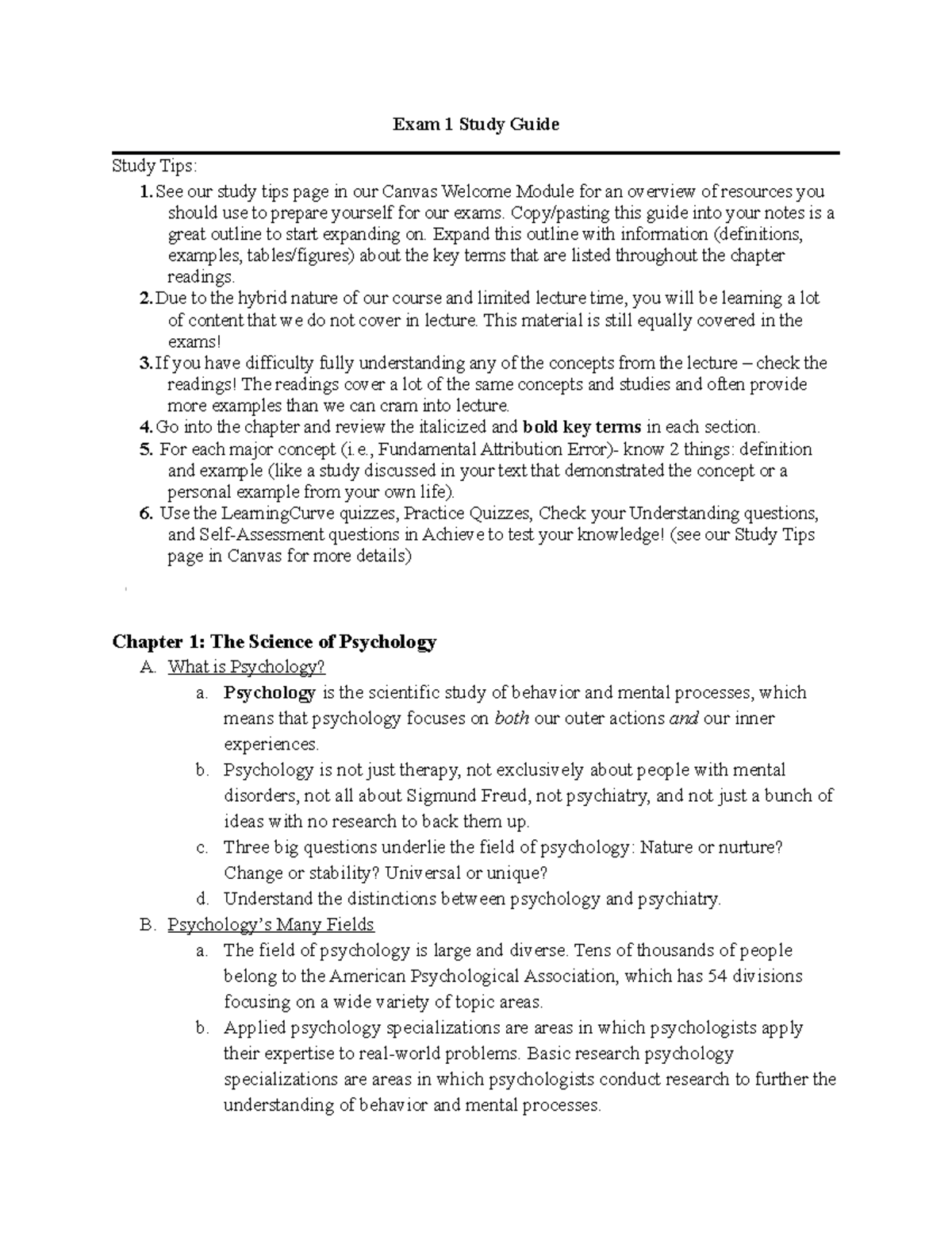 PSY 101 Exam 1 Comprehensive Study Guide and Key Concepts - Studocu