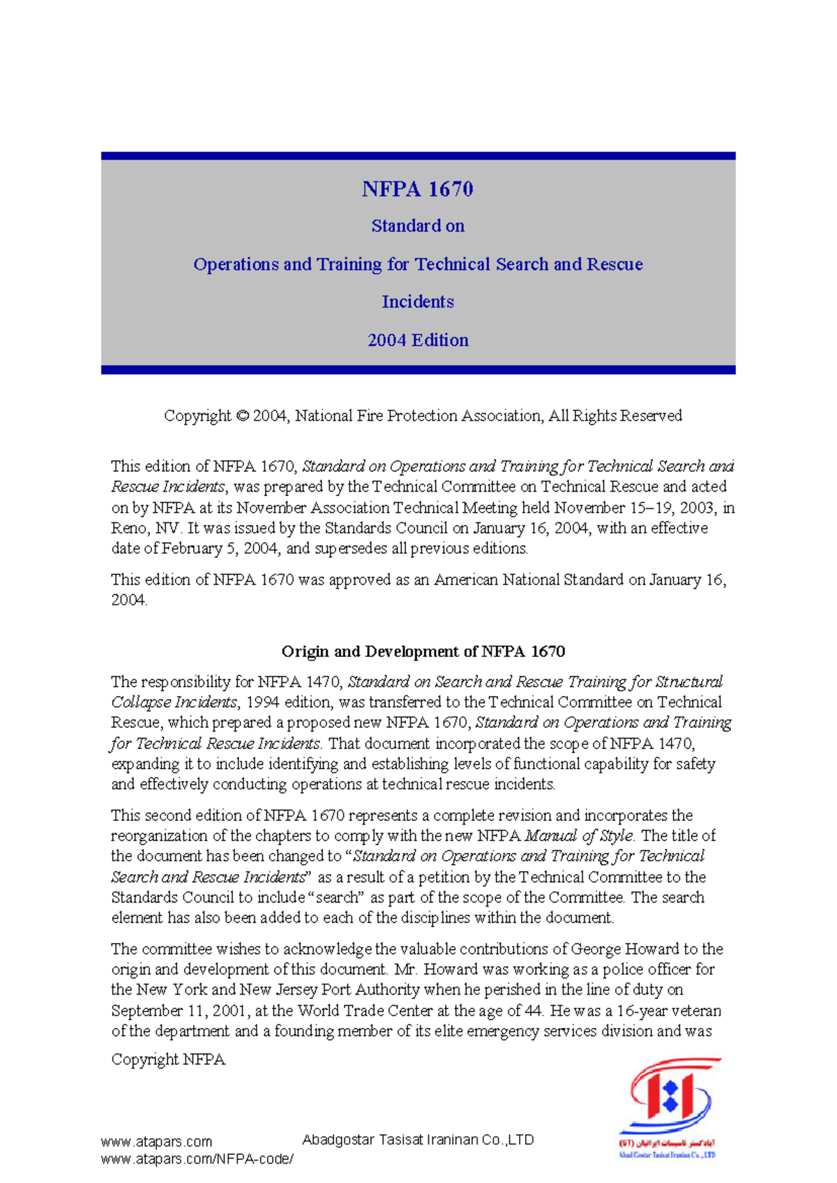 NFPA 1670: Operations & Training for Technical Search and Rescue - Studocu