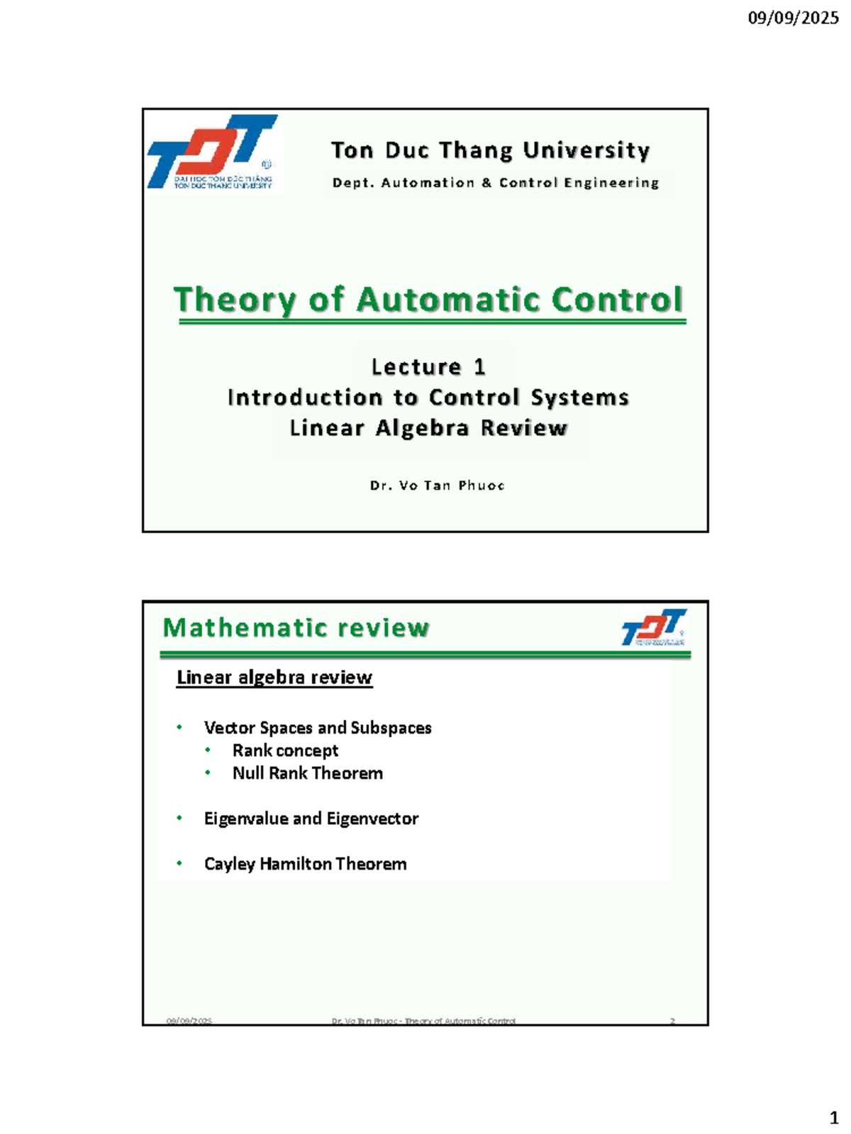 403036 Theory of Automatic Control: Lecture 1 - Linear Algebra Review ...
