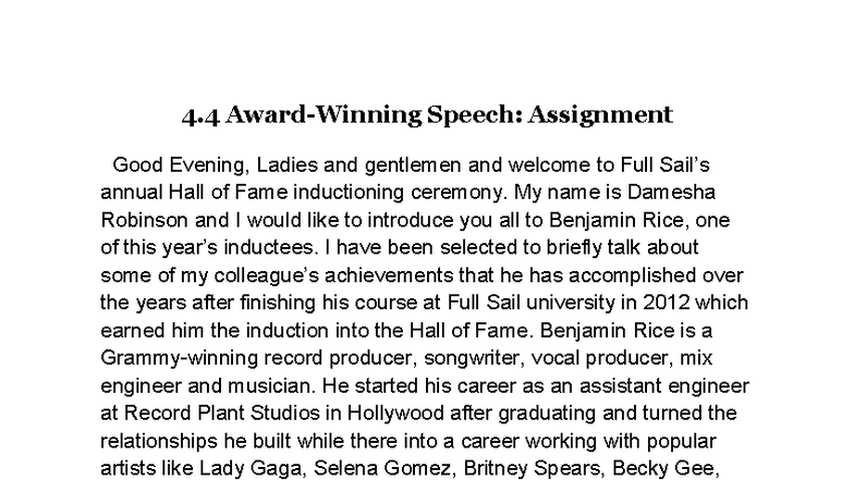 4.4 Speech: Honoring Benjamin Rice's Achievements at Hall of Fame - Studocu