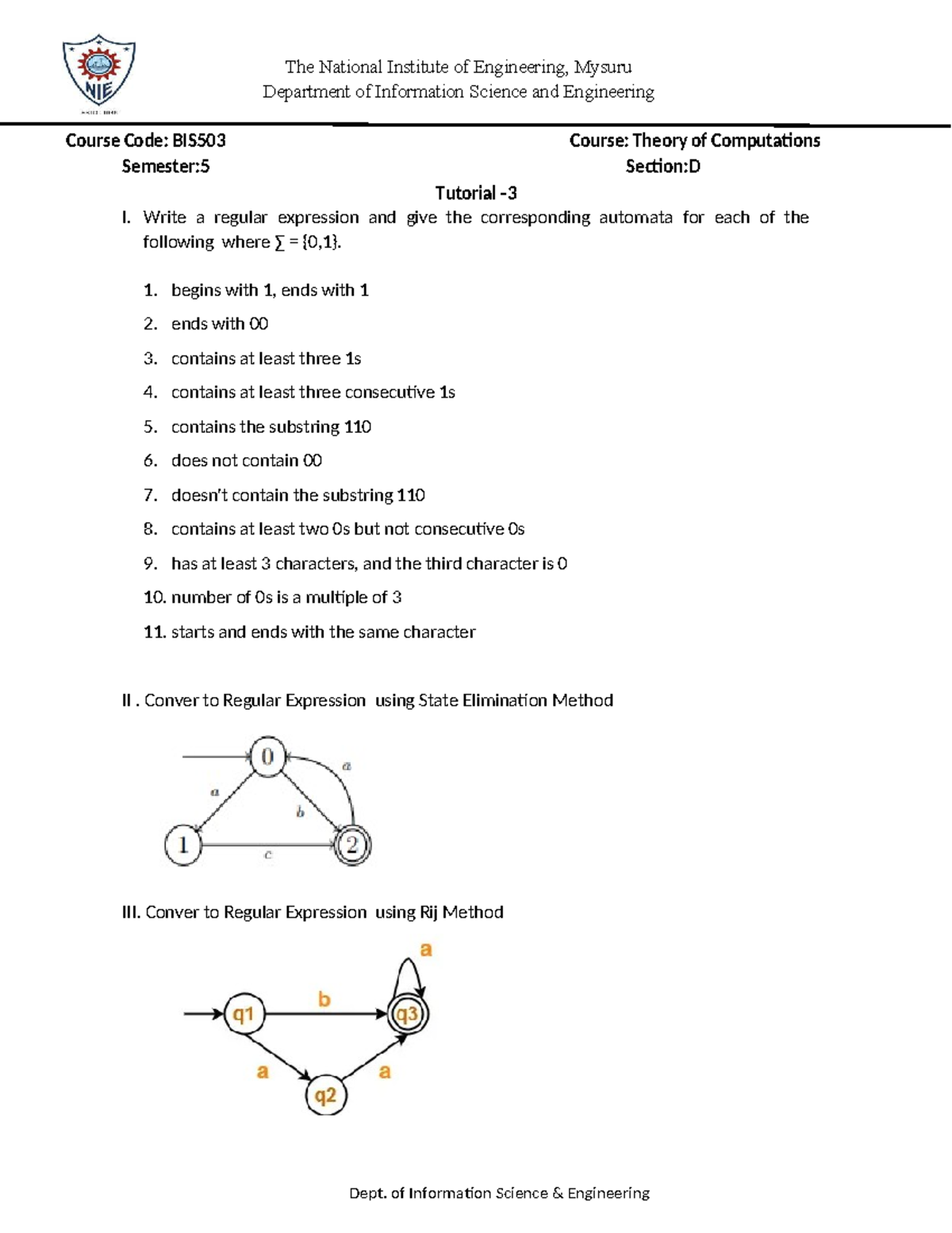 BIS503 Theory of Computations Tutorial I: Regular Expressions & Automata - Studocu