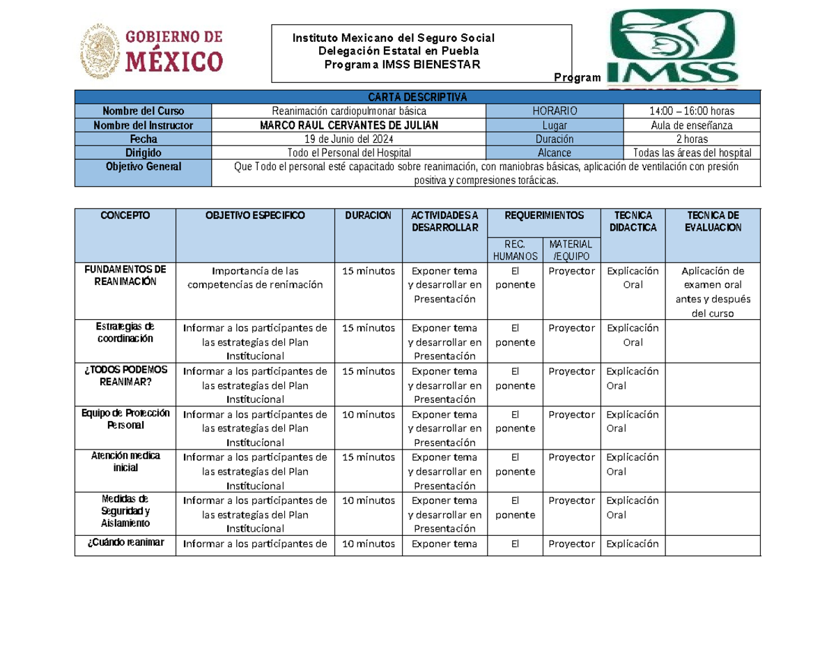 Carta Programática - Curso RCP Básico IMSS 2024 (14:00 - 16:00) - Studocu