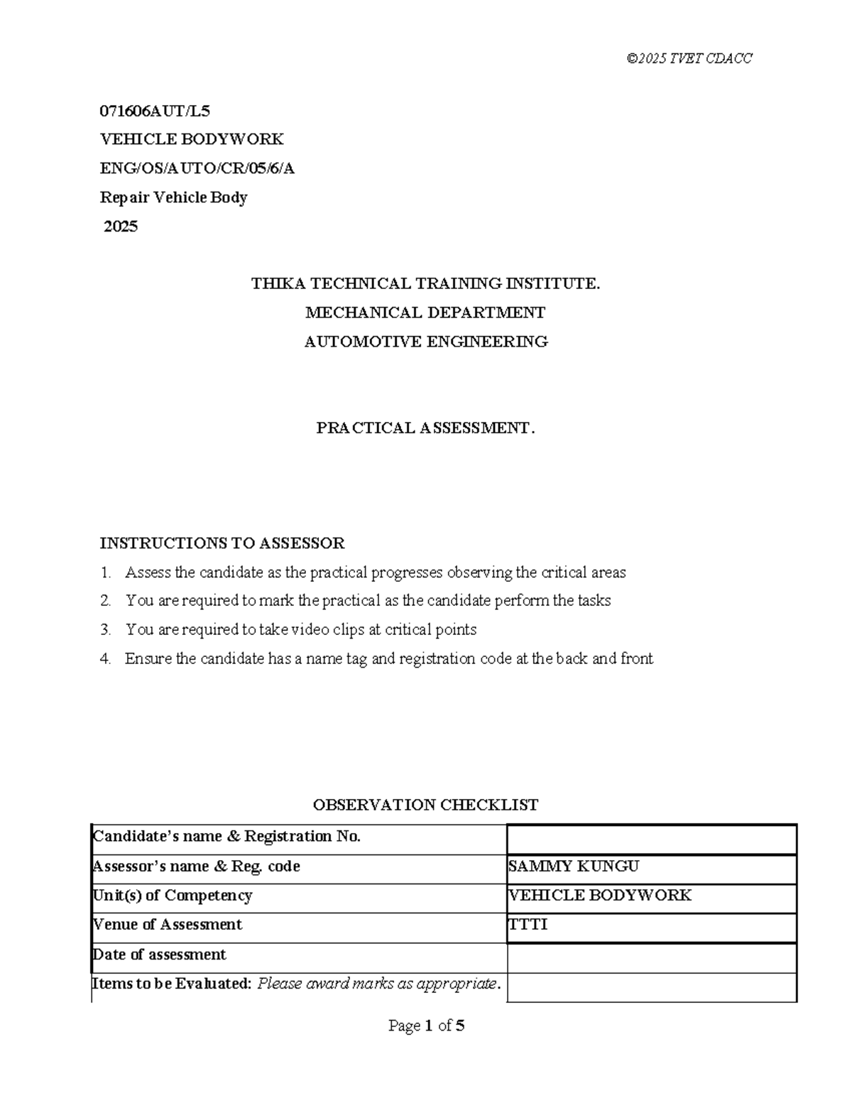 TVET CDACC Vehicle Bodywork Practical Assessment: Bonnet Dent Repair ...