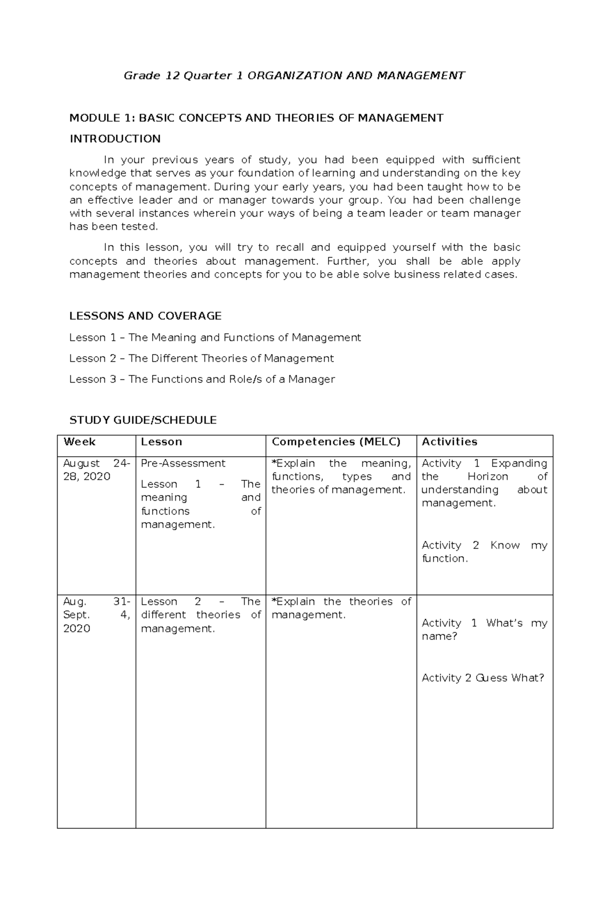 Grade 12 Q1 Org & Mgmt: Basic Concepts & Theories of Management - Studocu