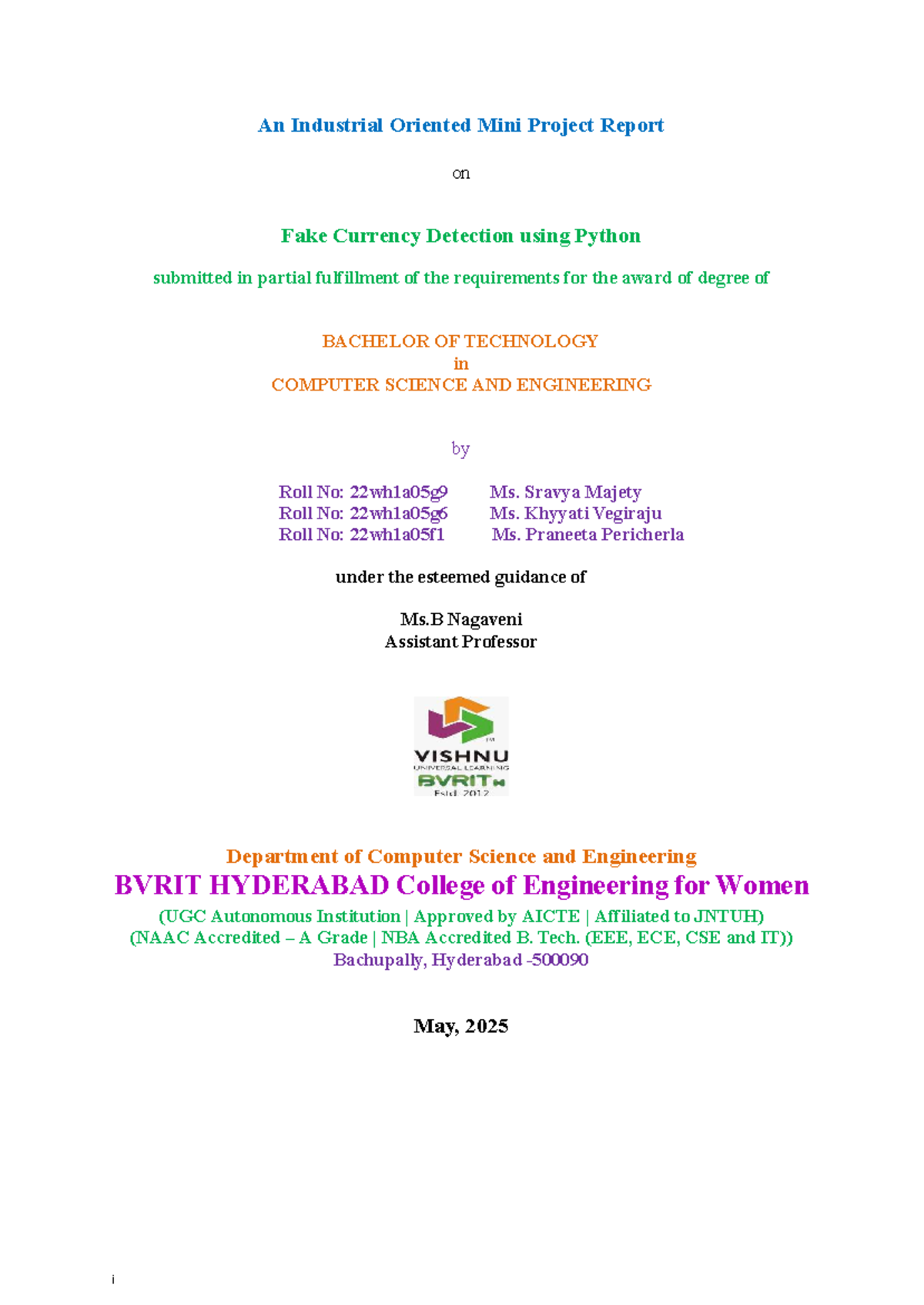 Mini Project Report: Fake Currency Detection Using Python (B.Tech CSE ...