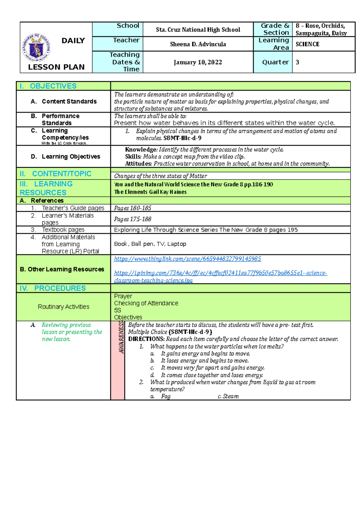Grade 8 Science Lesson Plan: Understanding the Water Cycle (S8MT-IIIc-d ...