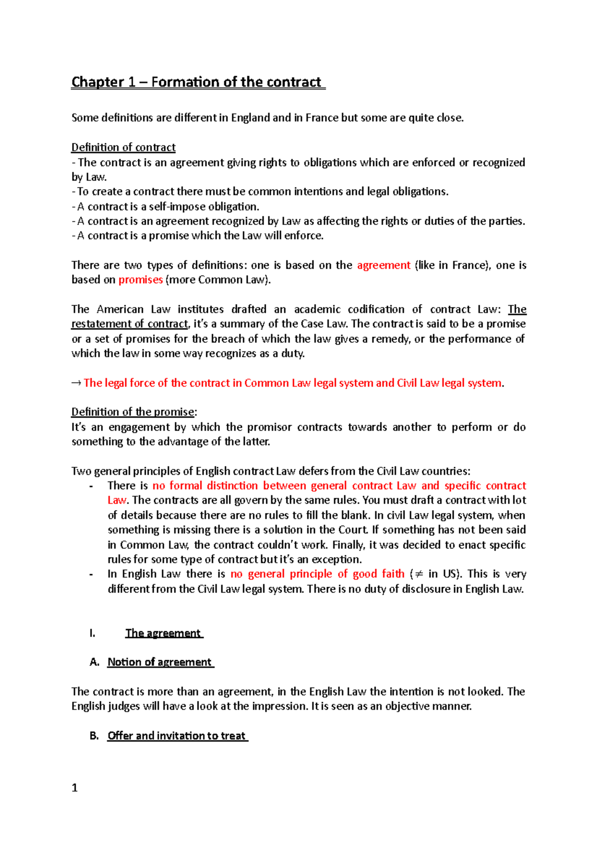 Contract Law - Chapter 1: Formation of the Contract Overview - Studocu