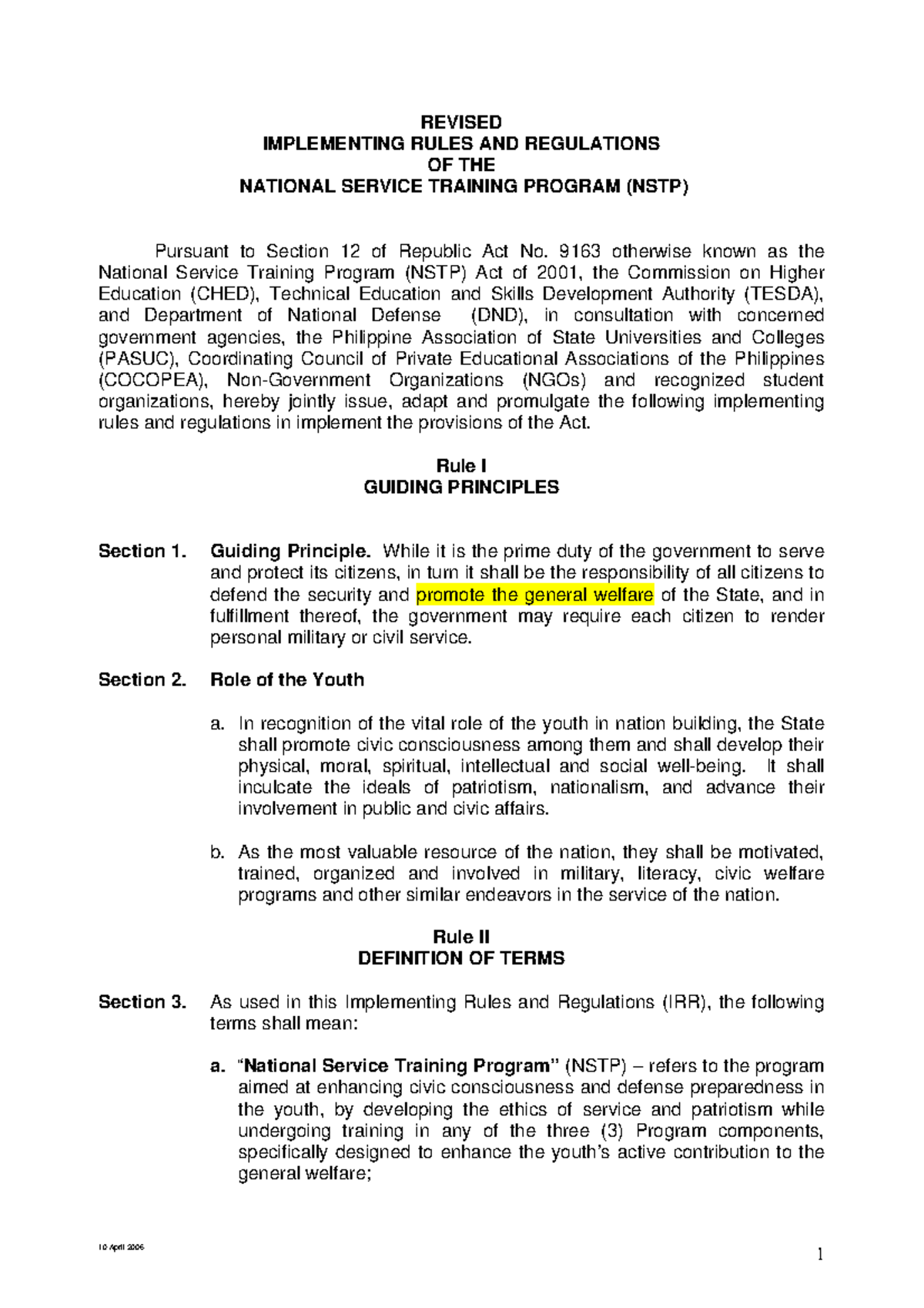 NSTP Implementing Rules and Regulations - Revised Edition - Studocu