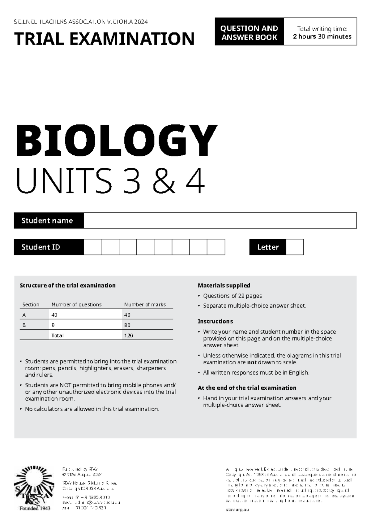 STAV 2024 Biology Units Trial Examination: 34 Questions Review - Studocu