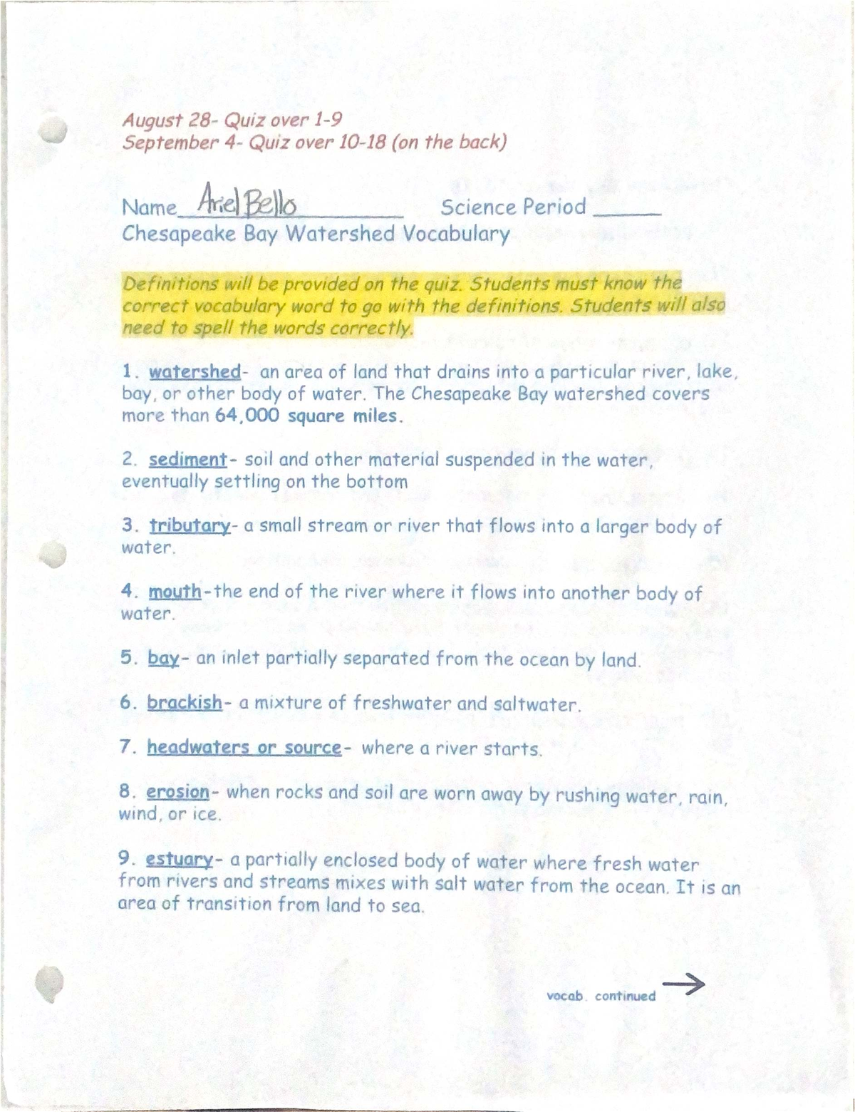 Chesapeake Bay Watershed Vocabulary Quiz (August/September) - Studocu