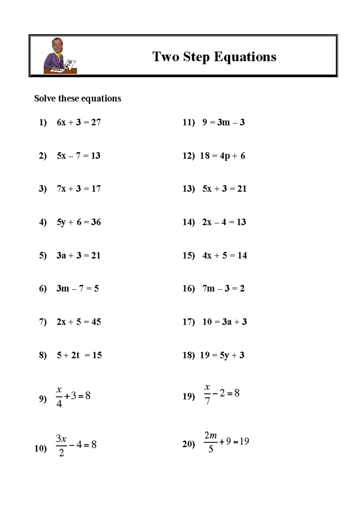 Math 101: Two Step Equations Practice Problems - Studocu