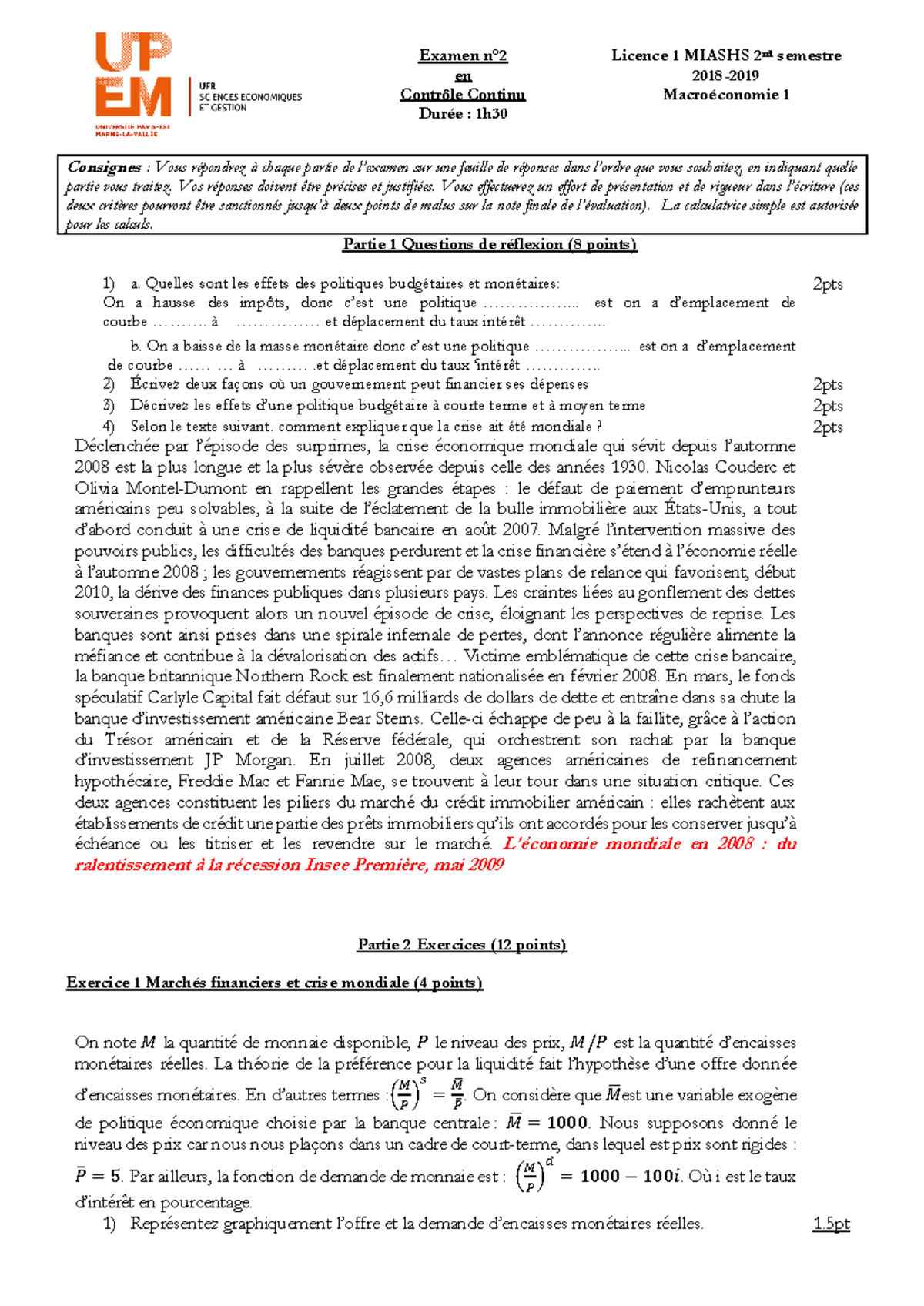 CC2 enoncé Sujet 4 macroéconomie - Examen n° en Contrôle Continu Durée : 1h Licence 1 MIASHS 2nd ...