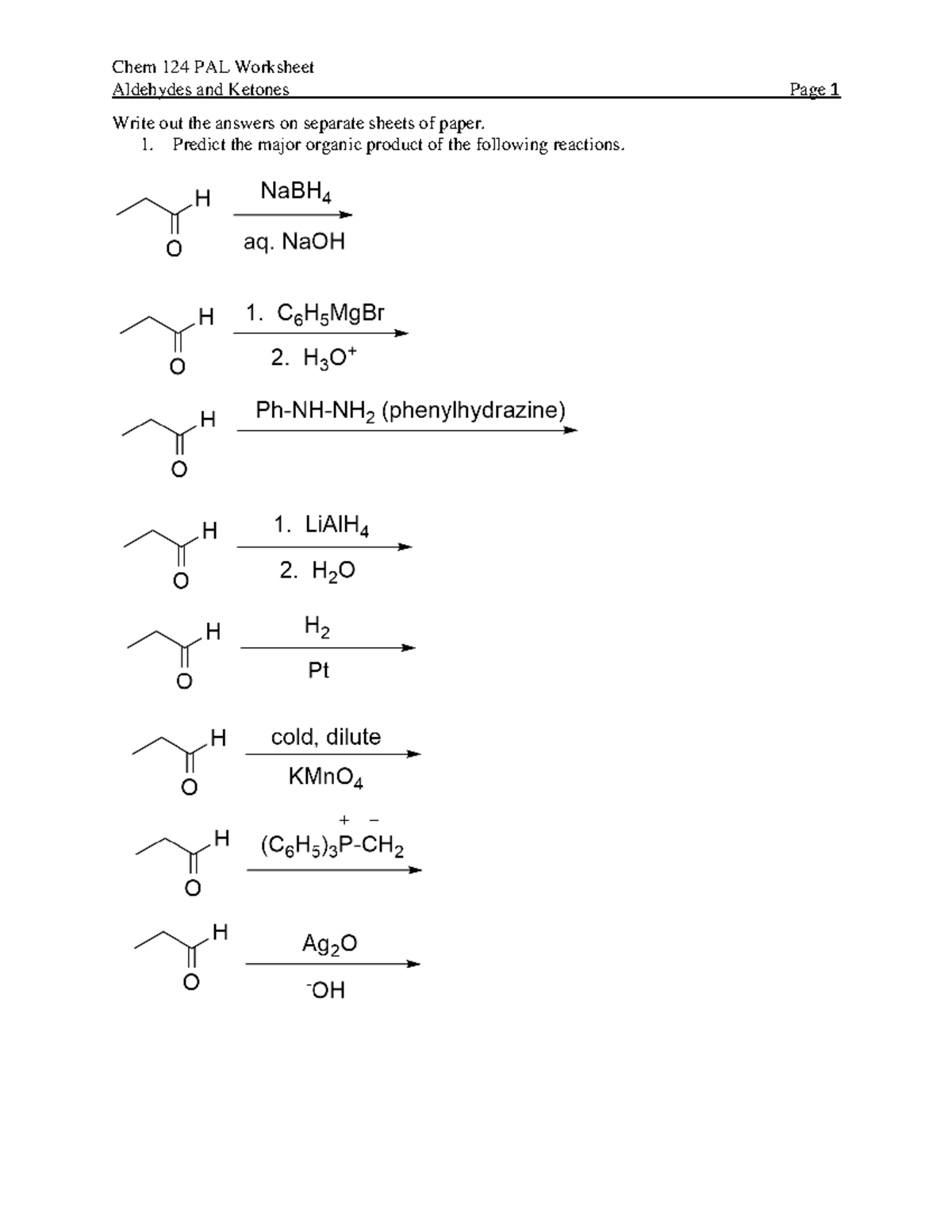 Chem 124 Worksheet: Reactions & Naming of Aldehydes and Ketones - Studocu