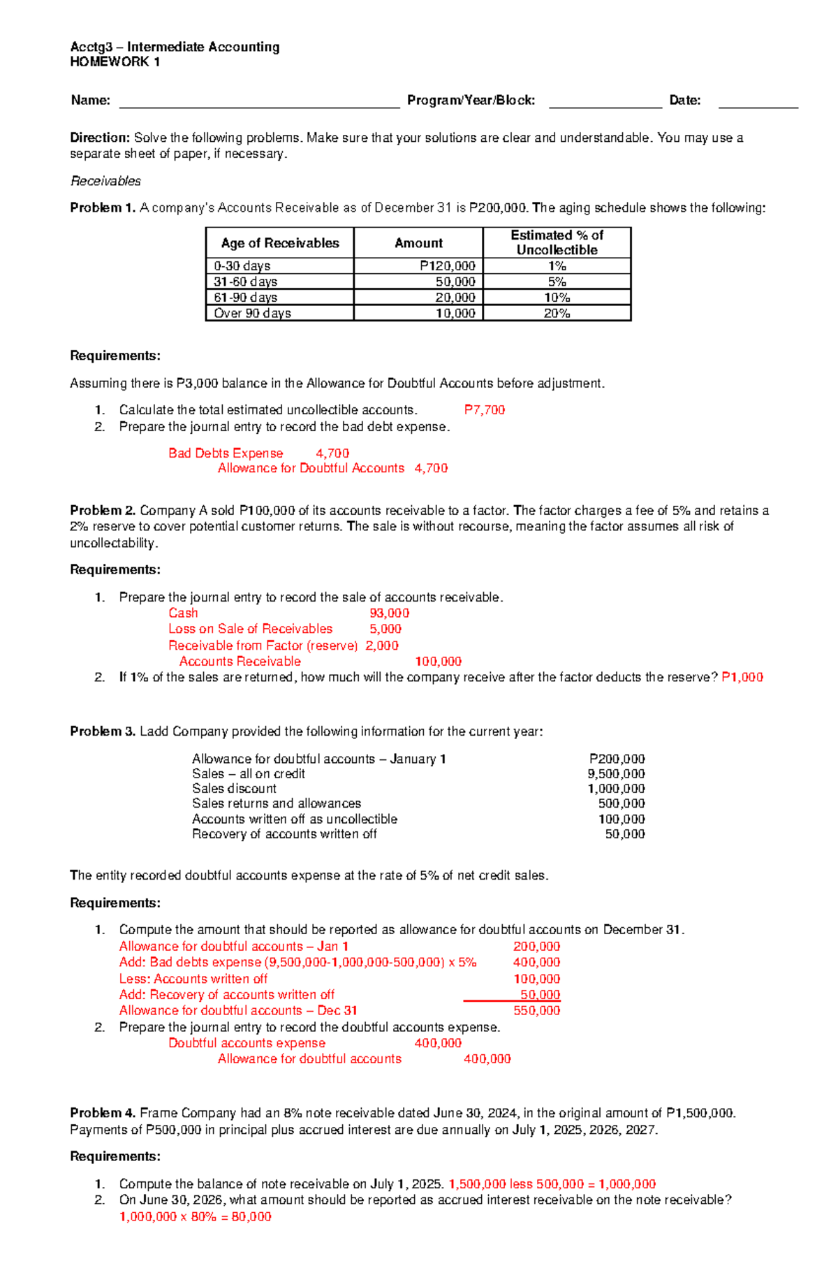 Homework 1 - Key Solutions for ACCTG3 (Intermediate Accounting) - Studocu
