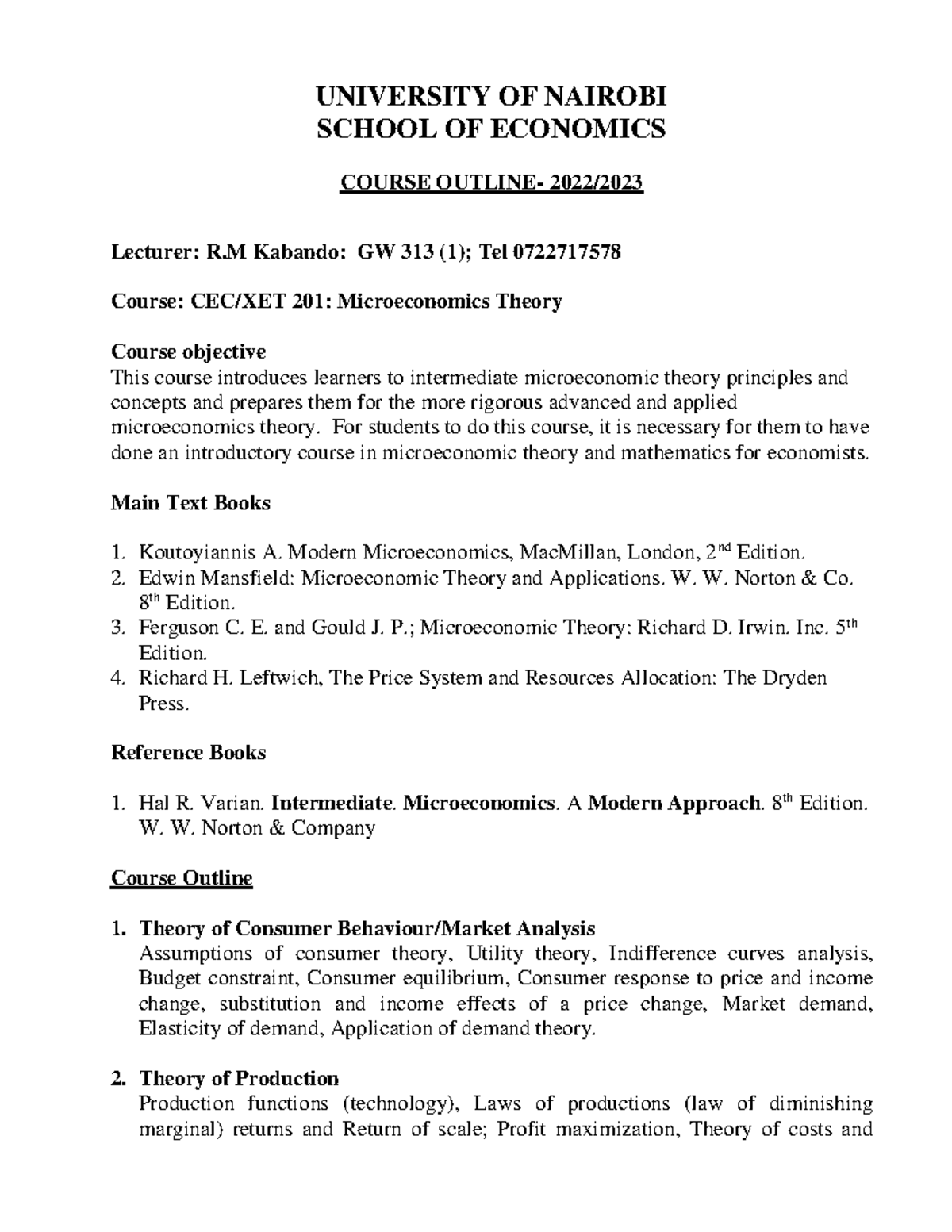 Course Outline for CEC/XET 201: Microeconomics Theory - 2022 - Studocu