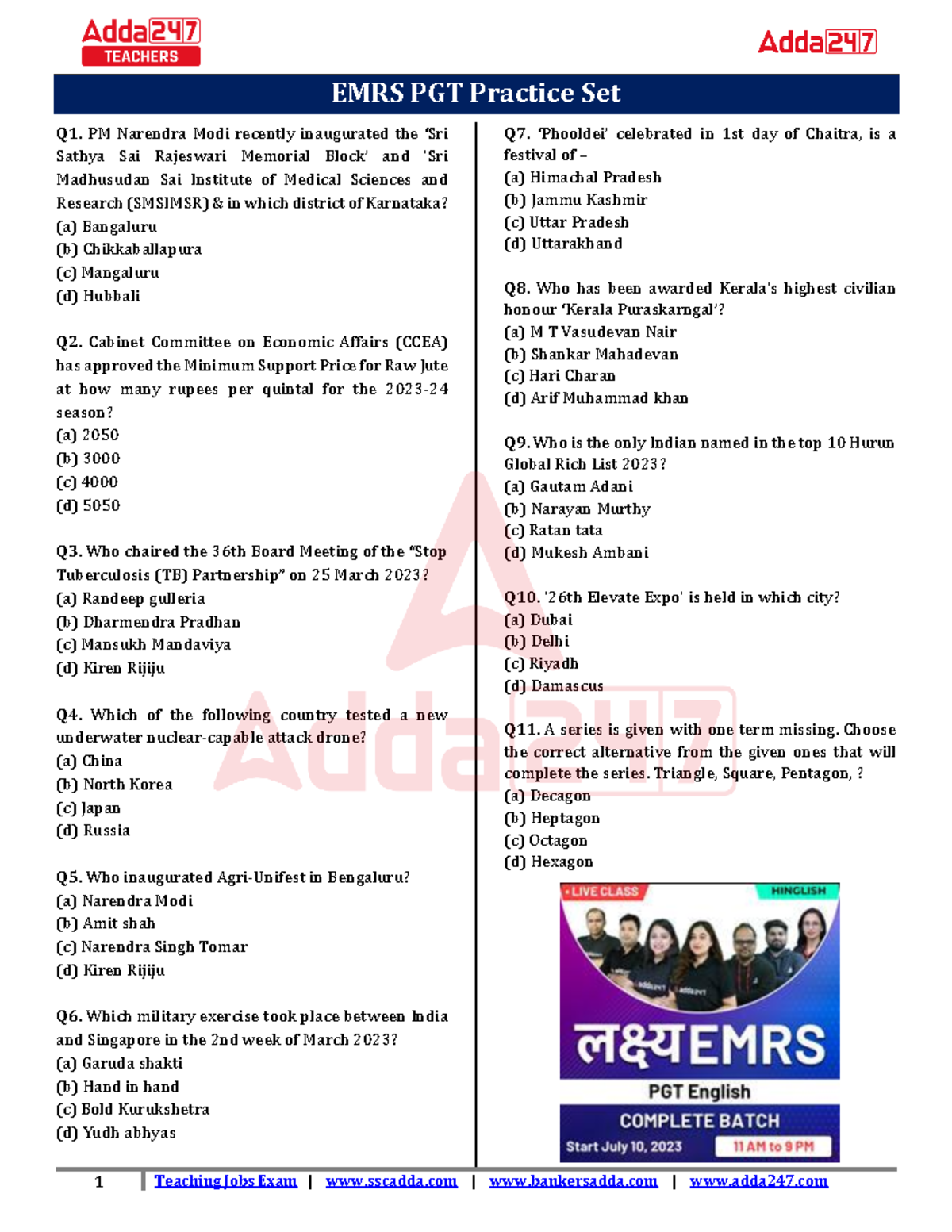 EMRS PGT 2023 Practice Set: Current Affairs & Reasoning Questions - Studocu