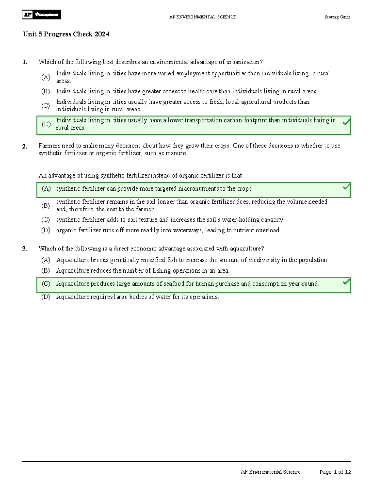 Unit 5 Progress Check Key - AP Environmental Science 2024 - Studocu
