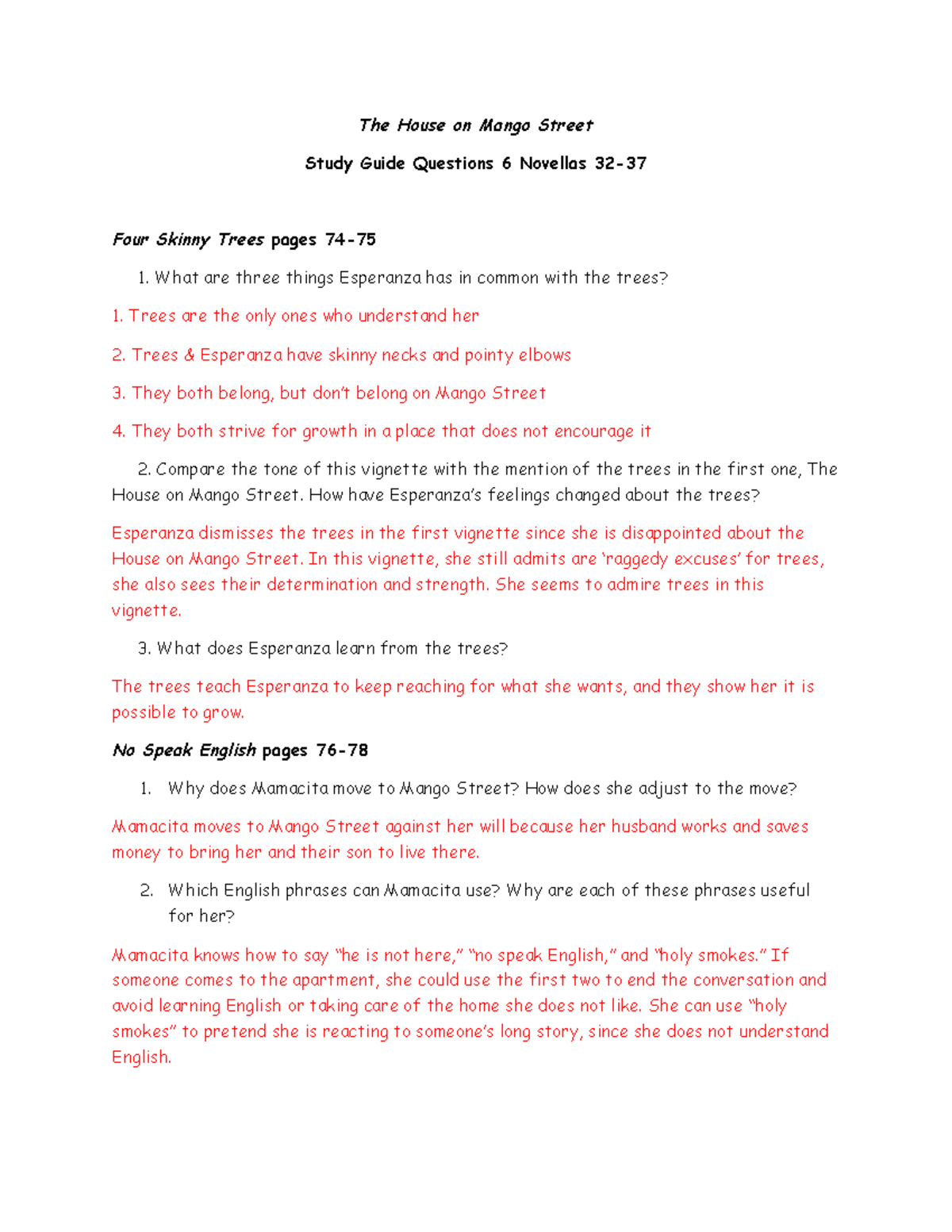 The House on Mango Street Study Guide: Questions & Answers - Studocu