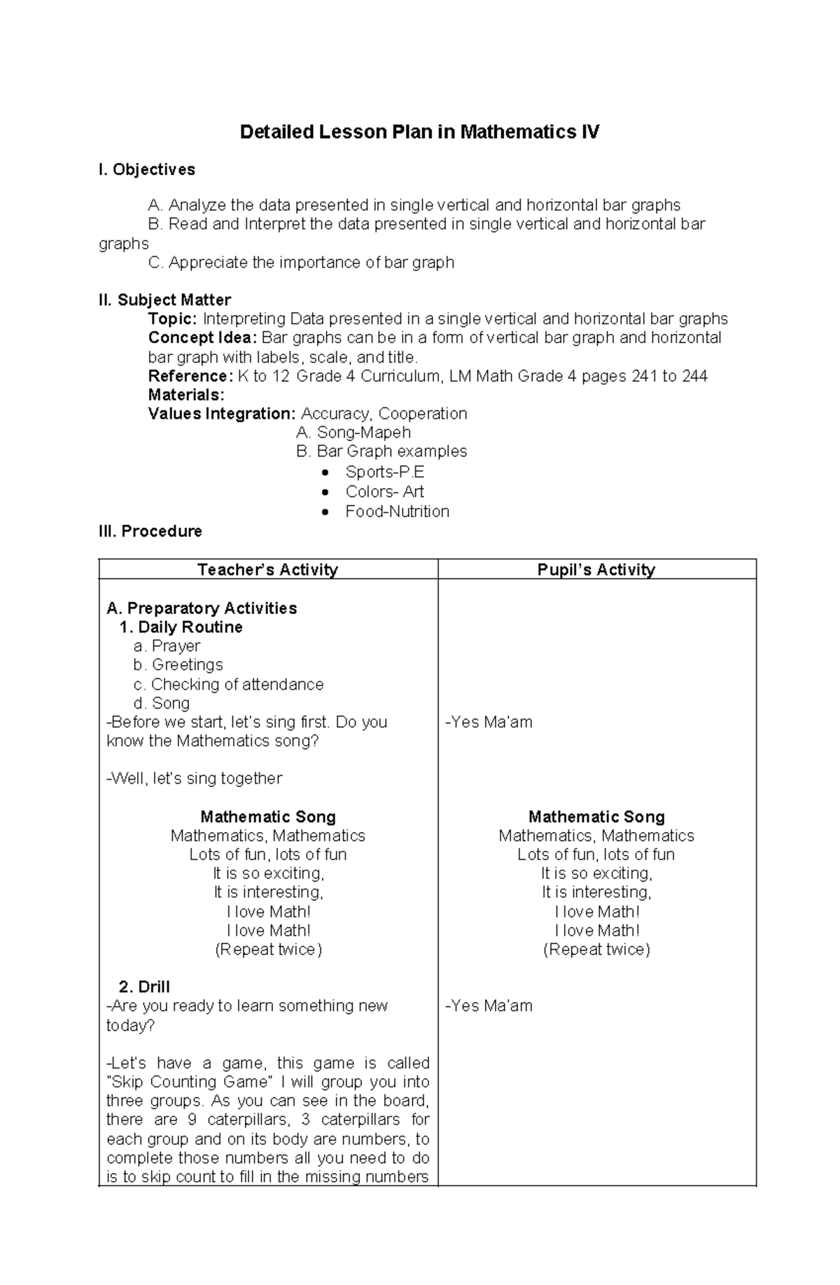 Mathematics IV Lesson Plan: Interpreting Bar Graphs - Studocu