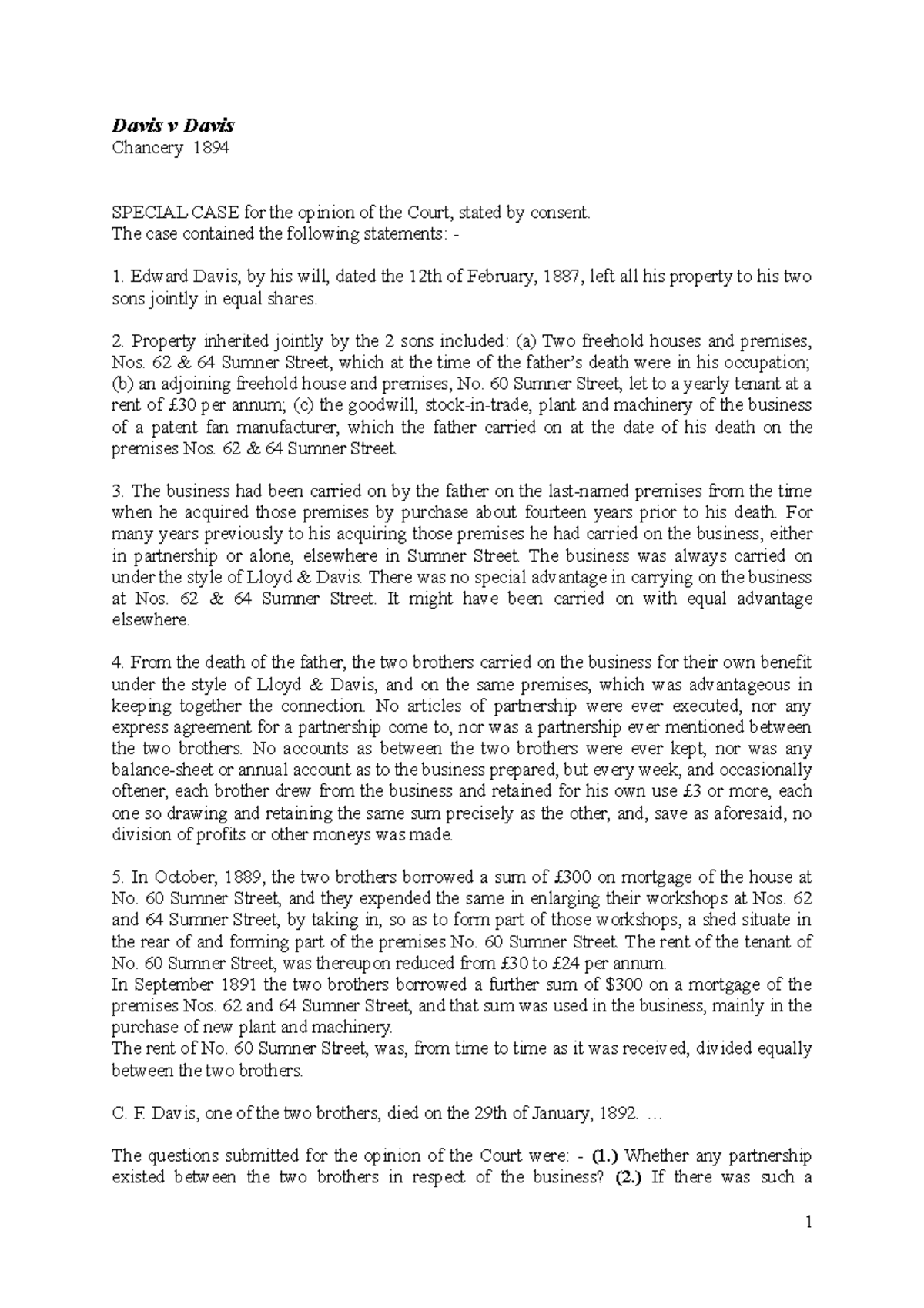 Davis v Davis - Case Study Analysis in Chancery Law (1894) - Studocu
