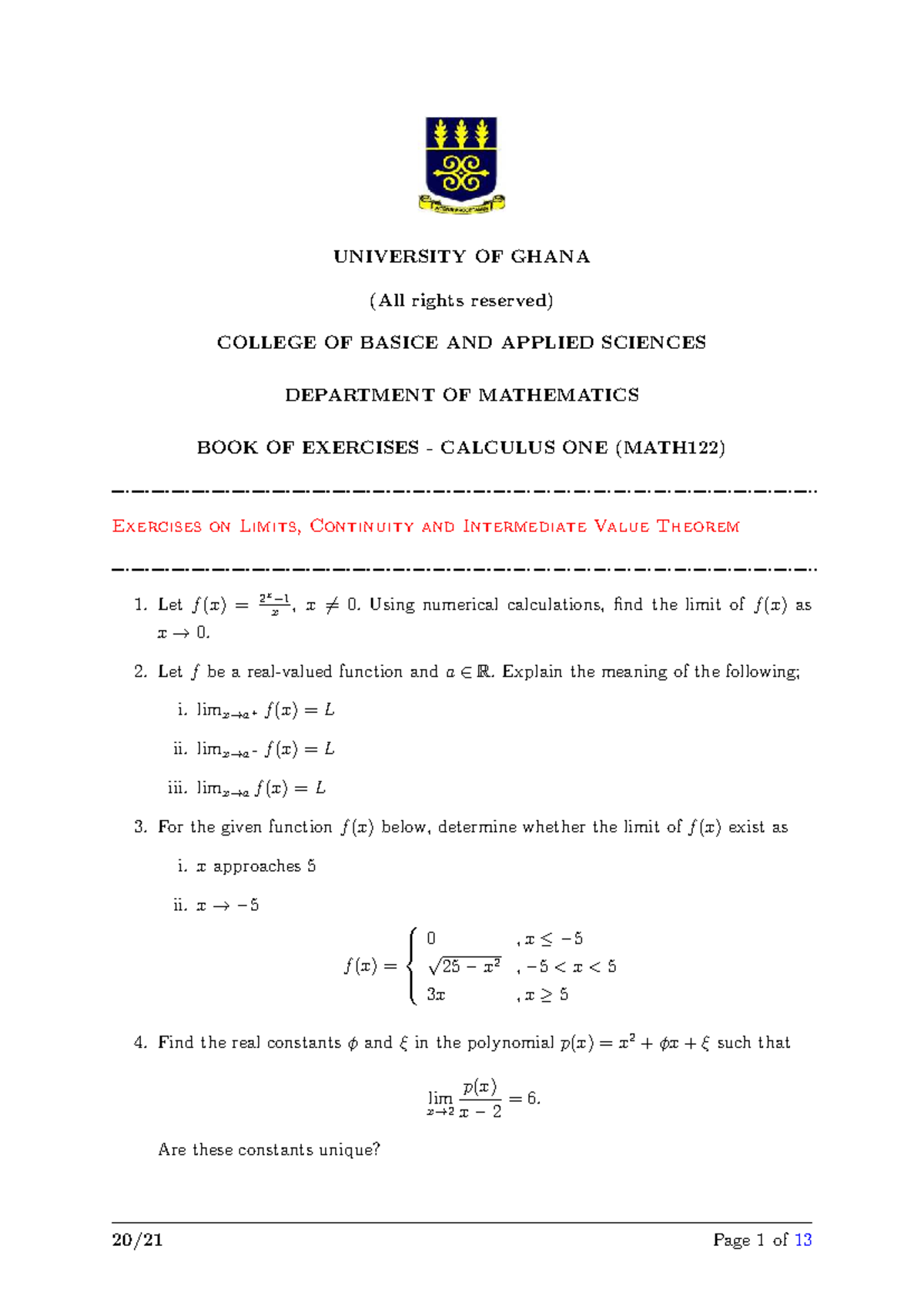 Book of Exercises on Calculus I (MATH122): Limits, Continuity ...