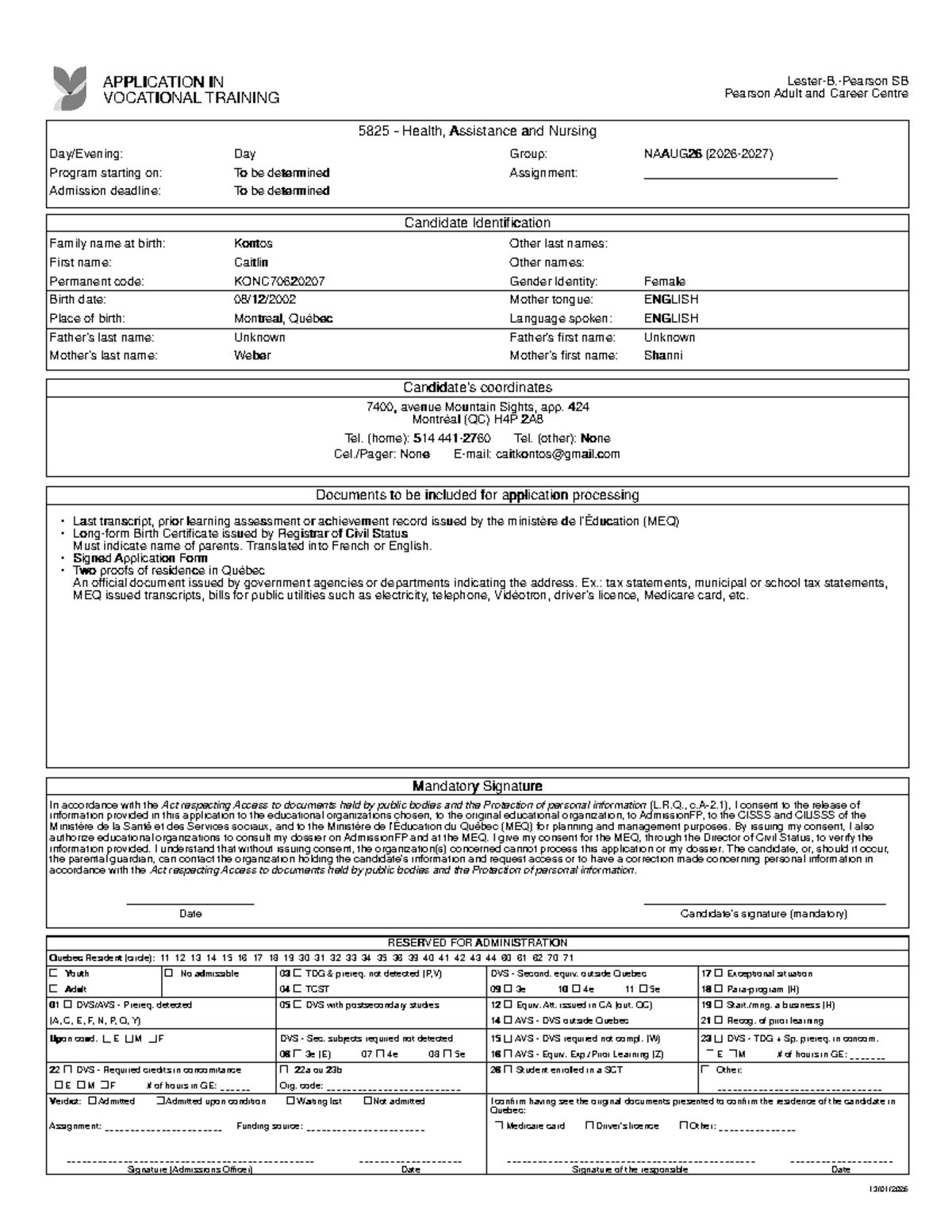 SB Pearson Adult and Career Centre Admission FP Application Form 5825 ...