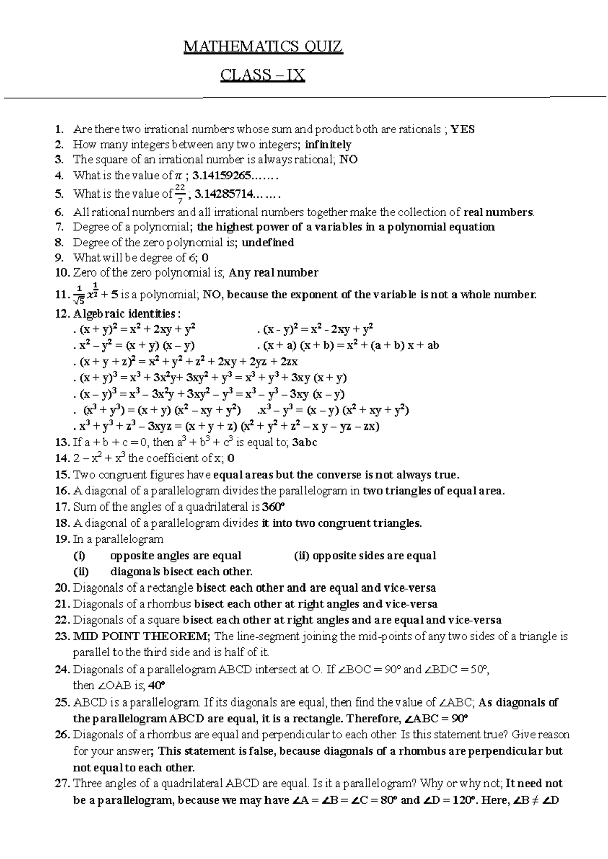 MATHEMATICS QUIZ CLASS IX: Key Concepts and Problems - Studocu