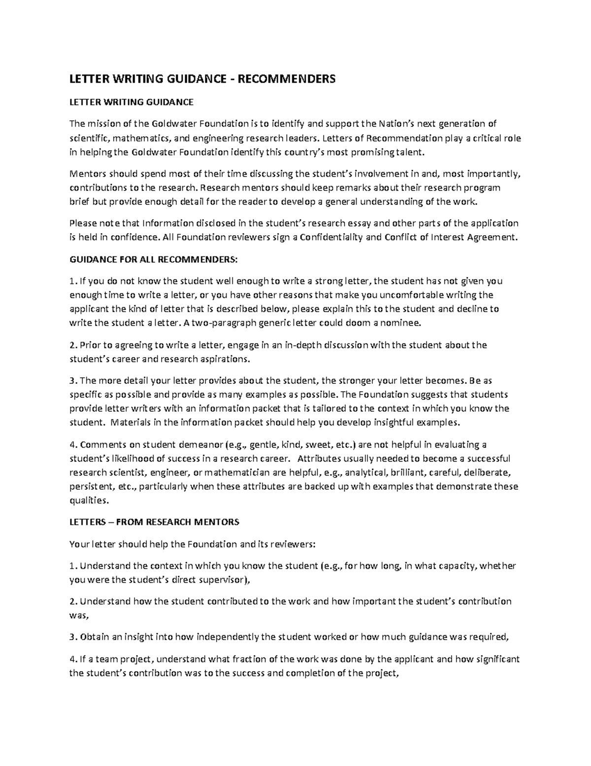 Letter Writing Guidance for Barry Goldwater Scholarship - Studocu