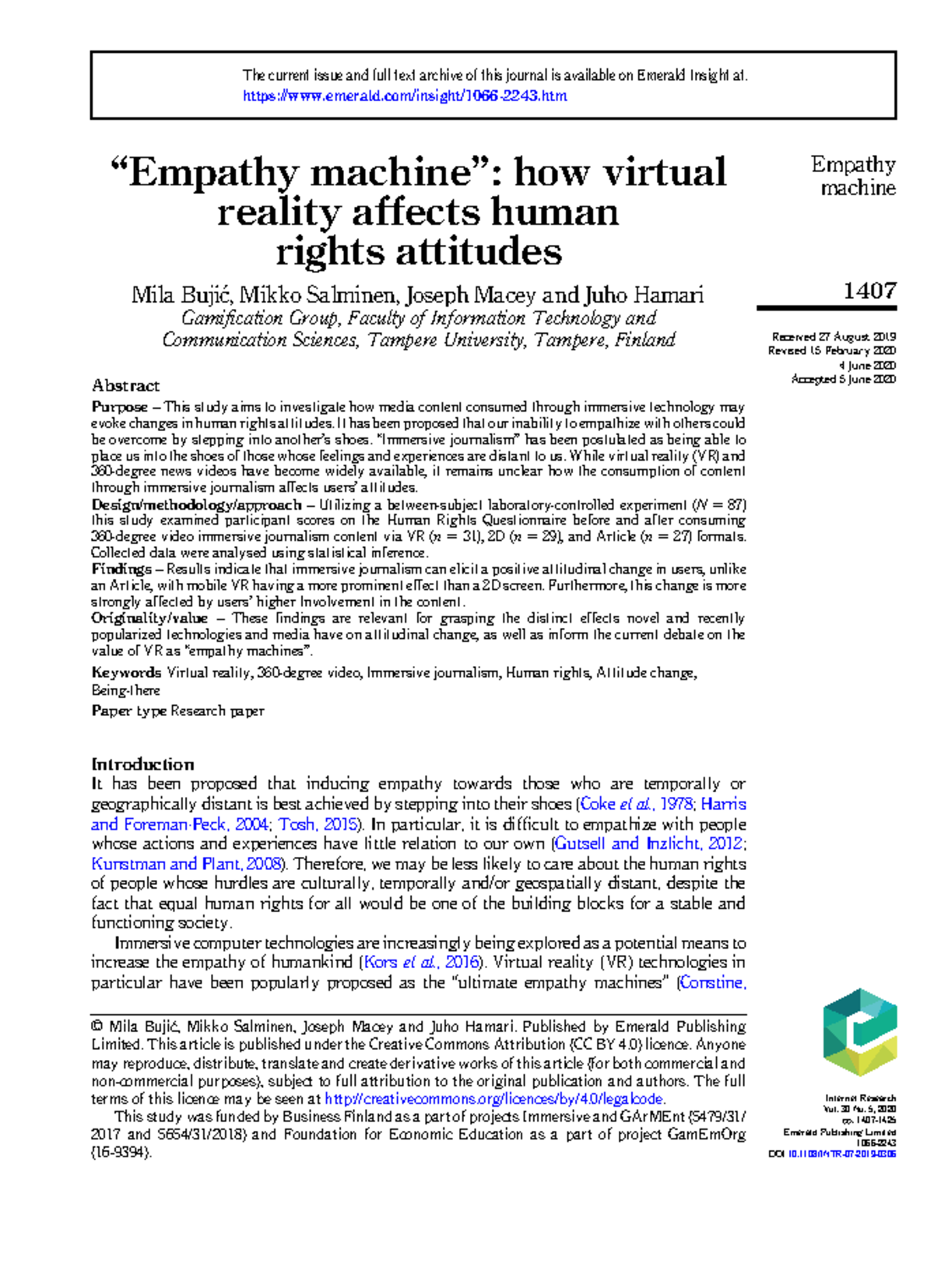 Bujic INTR 30: Empathy Machine - The Impact of VR on Human Rights Attitudes - Studocu