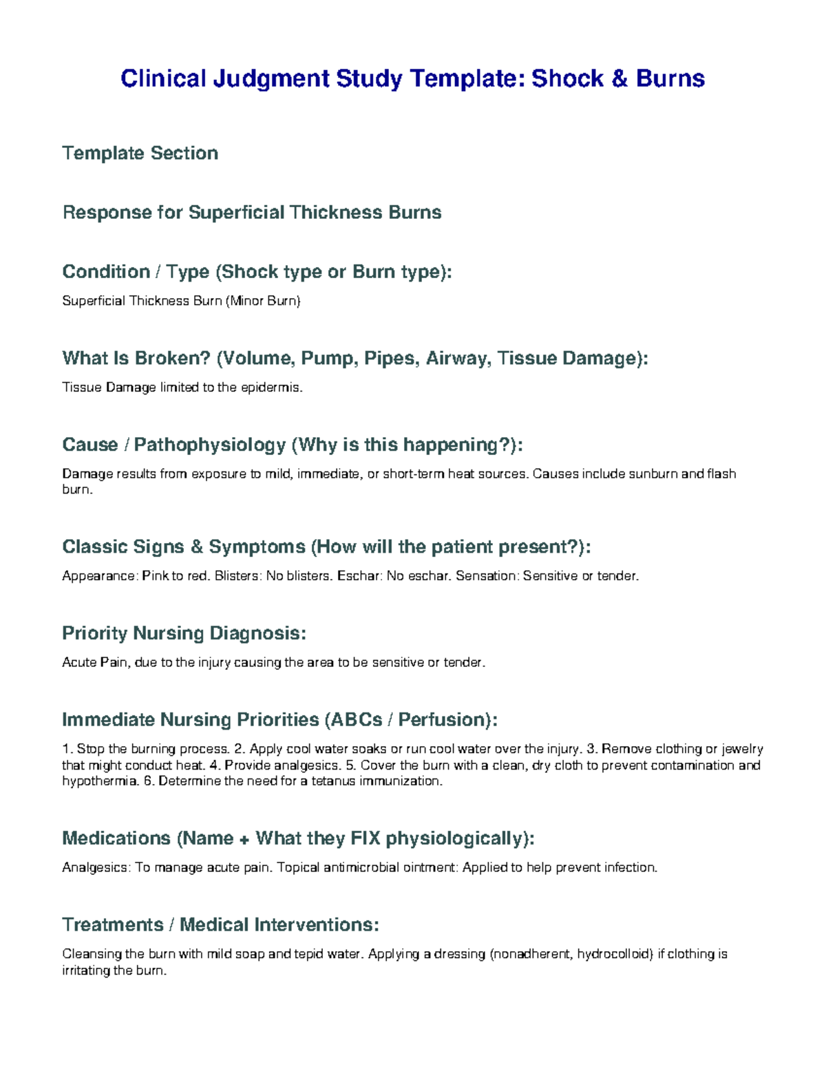 Clinical Judgment Study: Superficial Thickness Burns (Shock/Burn) - Studocu